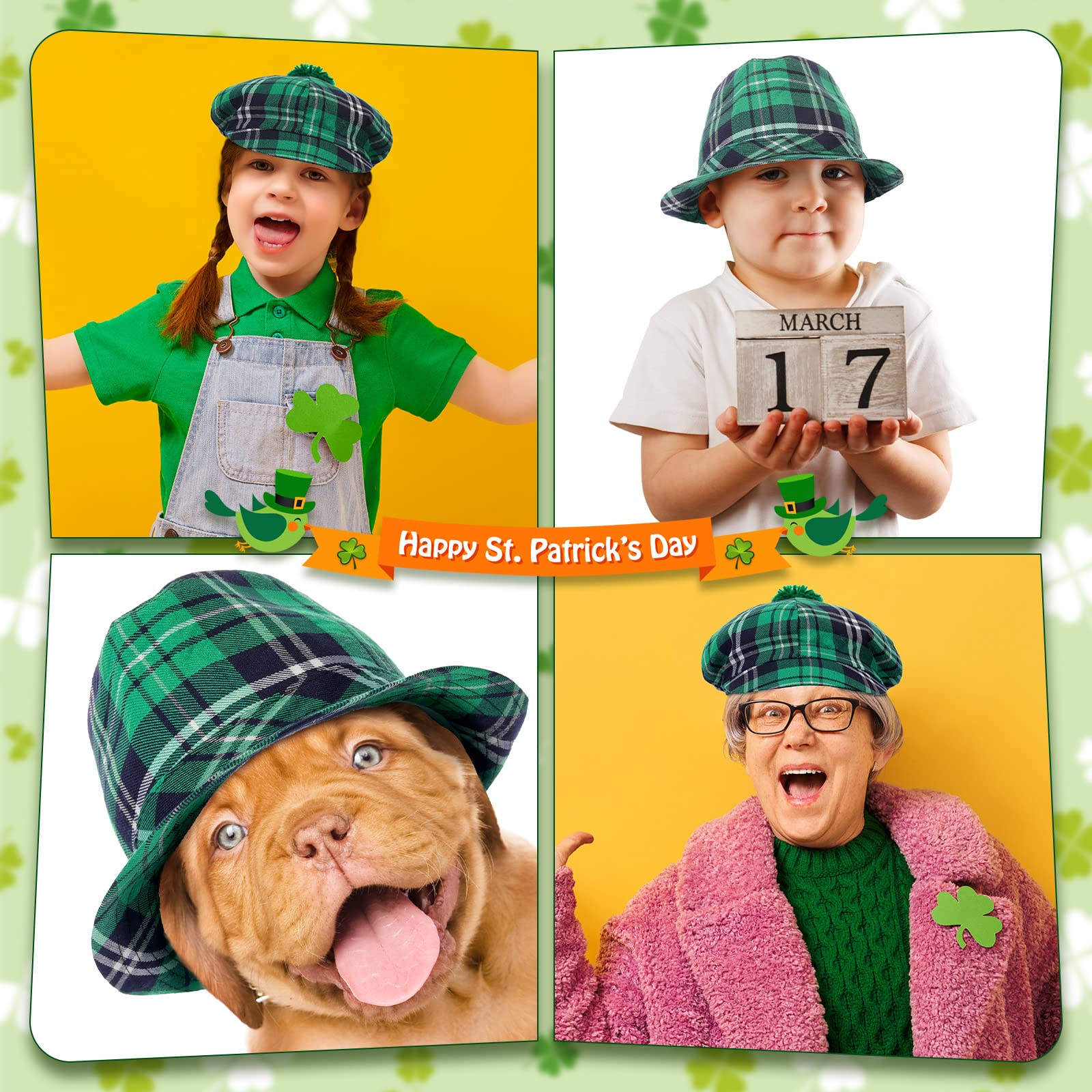 St. Patrick's Day Plaid Fabric Hat St. Patrick's Day Accessories Green Hat Women's Berets Hats for Adult (Retro Style)