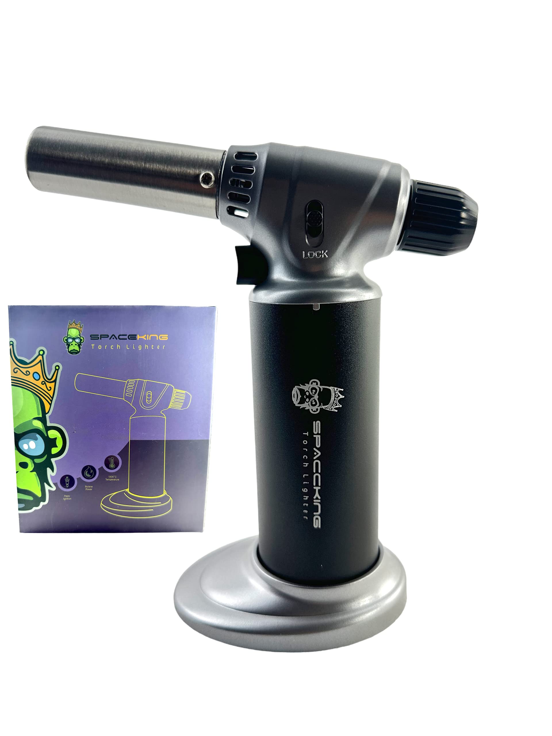 Space King Tall Wind-Proof Torch Lighter - Adjustable Flame - Child-Lock - Perfect for Camping, Kitchen, Backyard, Travel, Beach, BBQ, Mountain, Outdoors, Travel, Garage, and More. (Gray)