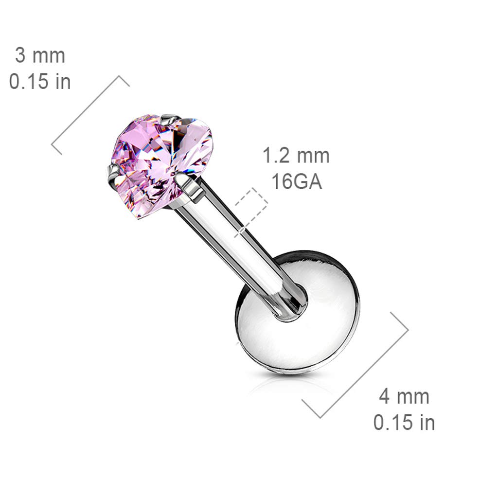 MoBody 16G Heart Cubic Zirconia Labret Piercing Stud 16G Clear CZ Internally Threaded Monroe Lip Ring Helix Earring (8mm (5/16") Aqua CZ)