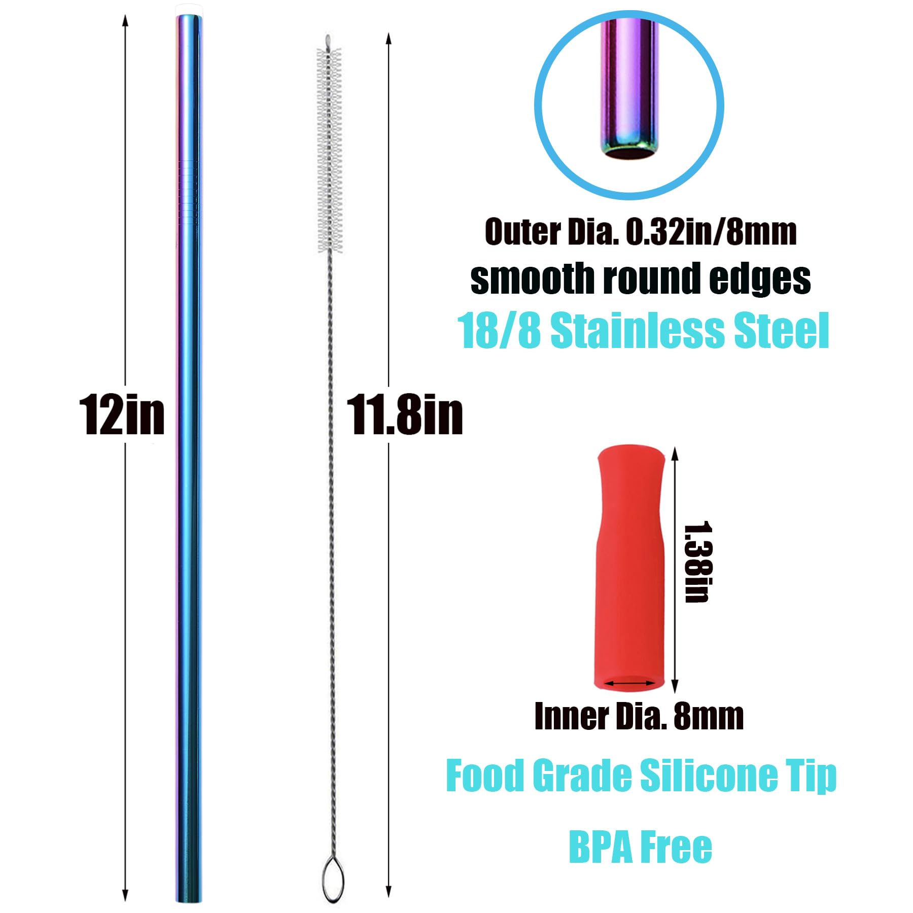 Wobye 12'' Tall Metal Straws Replacement for Stanley Quencher 64 40 30oz Cup, 4 Pack Long Stainless Steel Straw with Silicone Tip Cleaning Brush for Simple Modern Trek 40oz Tumbler