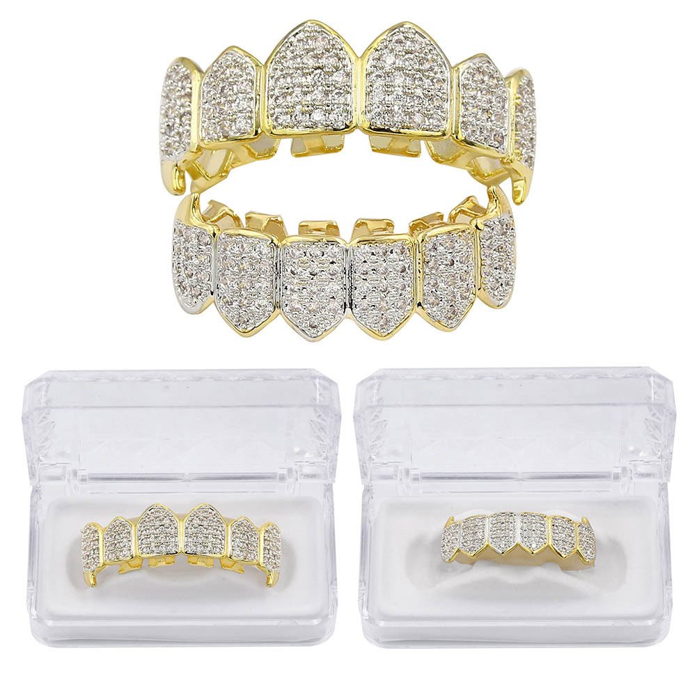 Moca Jewelry Hip Hop Unisex 18K Gold Plated Iced Out CZ Simulated Diamond Top Bottom Teeth Grillz Set for Men Women