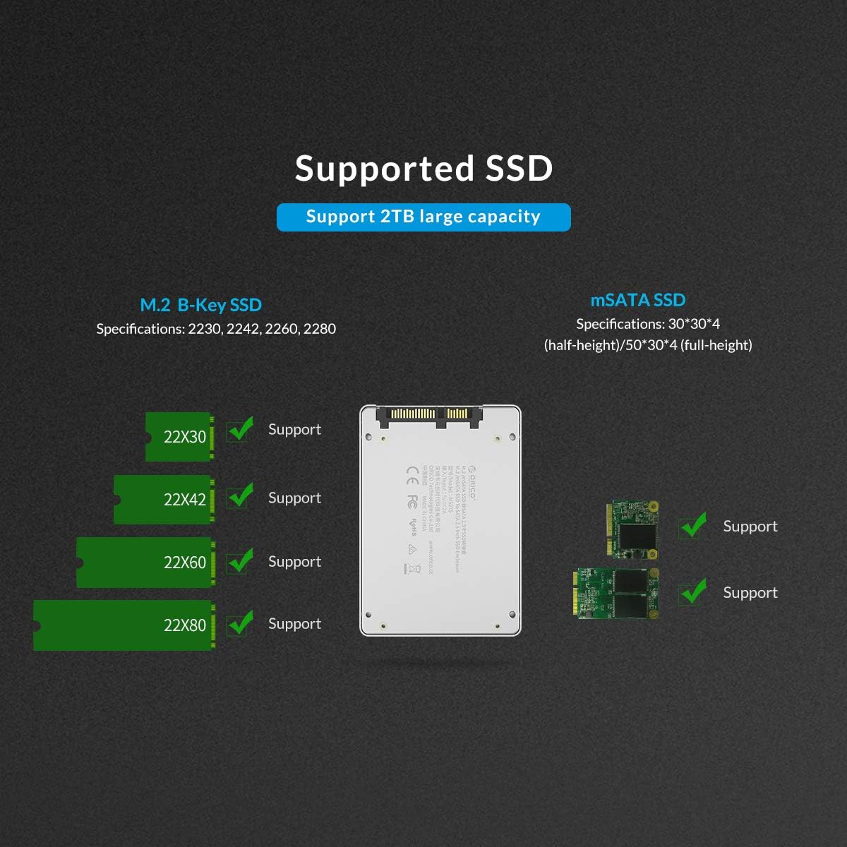 ORICO M.2 (NGFF)/mSATA to 2.5 Inch SATA 2in1 Aluminum Enclosure Adapter Multi Function Hard Drive Converter Case External SSD Enclosure-MS2TS