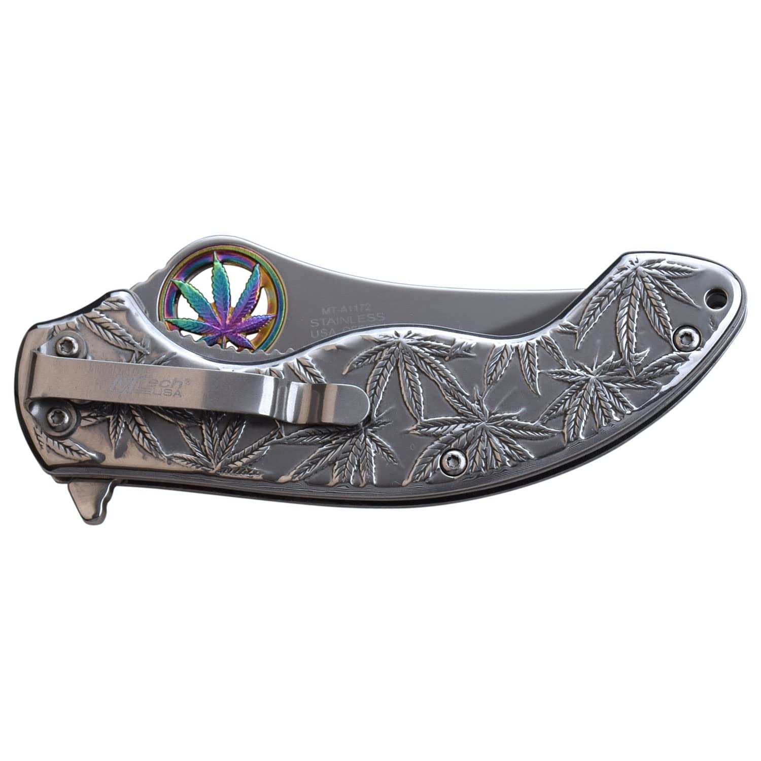 MTECH USA - Folding Knife - Mirror Polished Stainless Steel Blade w/Marijuana Leaf Cut Out, Polished Steel Handle w/Stamped Leaf Design, Pocket Clip, Liner Lock โ MT-A1172MR