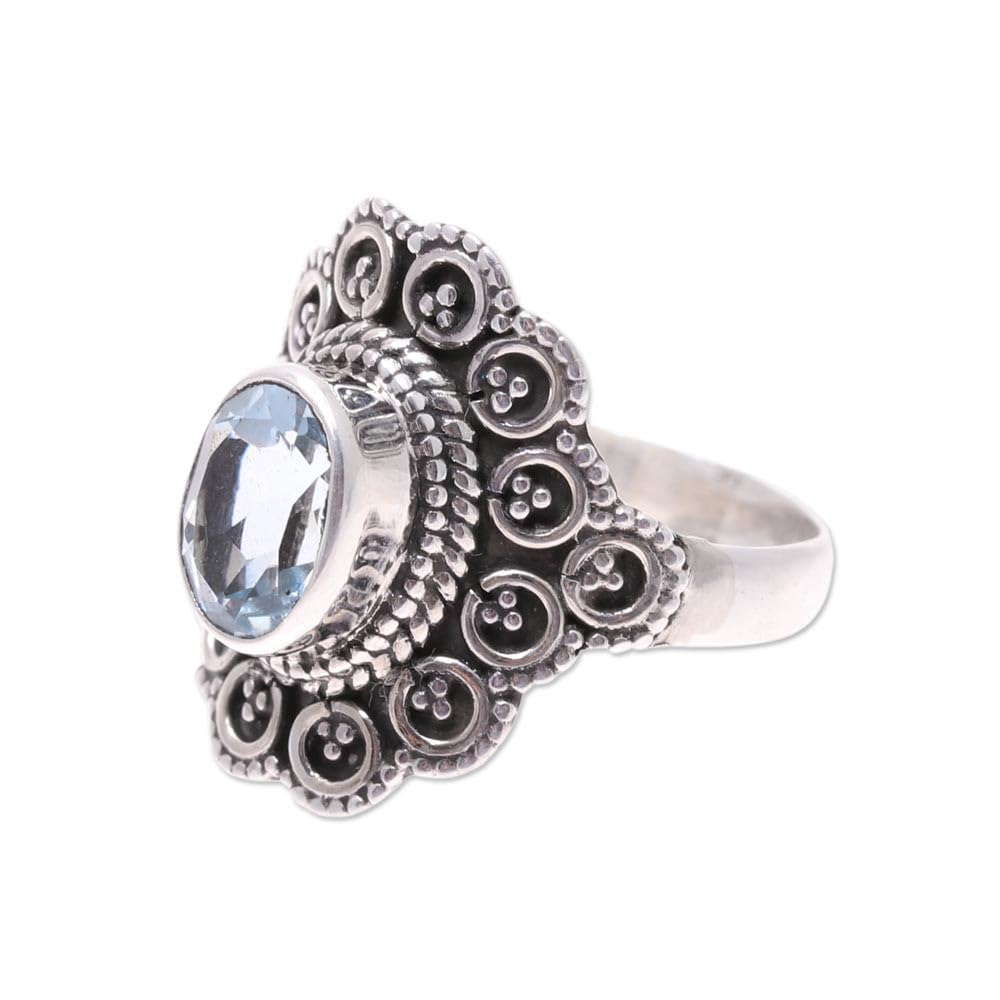 NOVICA Artisan Handmade Blue Topaz Cocktail Ring Sterling Silver Floral Dotted Single Stone India Gemstone Birthstone [ring Front 0.8 in L x 0.7 in W x 0.2 in H Band Width 3 mm W] ' Sparkle Bloom'