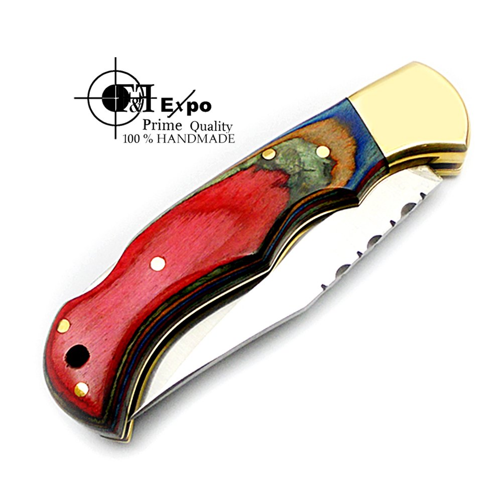 Multi Wood 6.5'' Handmade Stainless Steel Folding Pocket Knife Brass Bloster With Back Lock 100% Top Quality