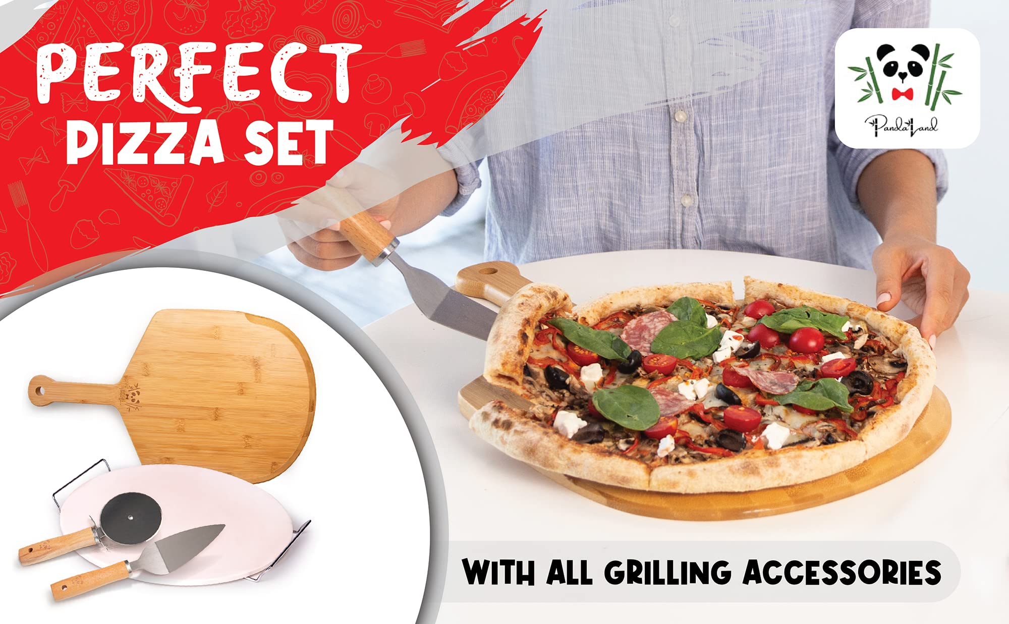 PANDA LAND Large 14" Round Pizza Stone 5-Piece set with Extra-Large Bamboo Pizza Peel Cutter Slice Server Wire Rack | Perfect Pizza Set with all Grilling Accessories| Pizza Stone for Oven and Bbq