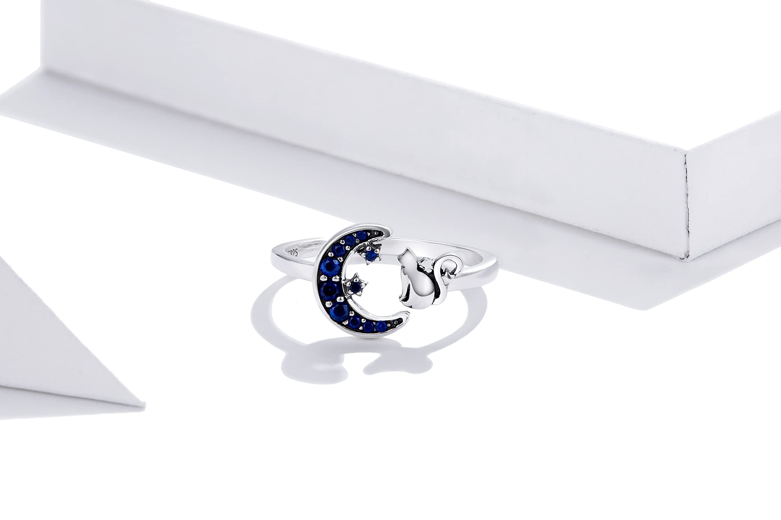 RUKYF 925 Sterling Silver Cubic Zirconia Cat Star Moon Butterfly Ring Cute Rings Adjustable Dainty Rings for Women Cat Gifts for Cat Lovers