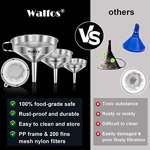 Walfos 3Pcs Kitchen Funnel with 2 Removable Strainer & 1 Cleaning Brush & 1Pc 200 Mesh Food Filter Strainer, Food Grade Stainless Steel Funnel for Transferring of Liquid, Oils, Jam, Dry Ingredients