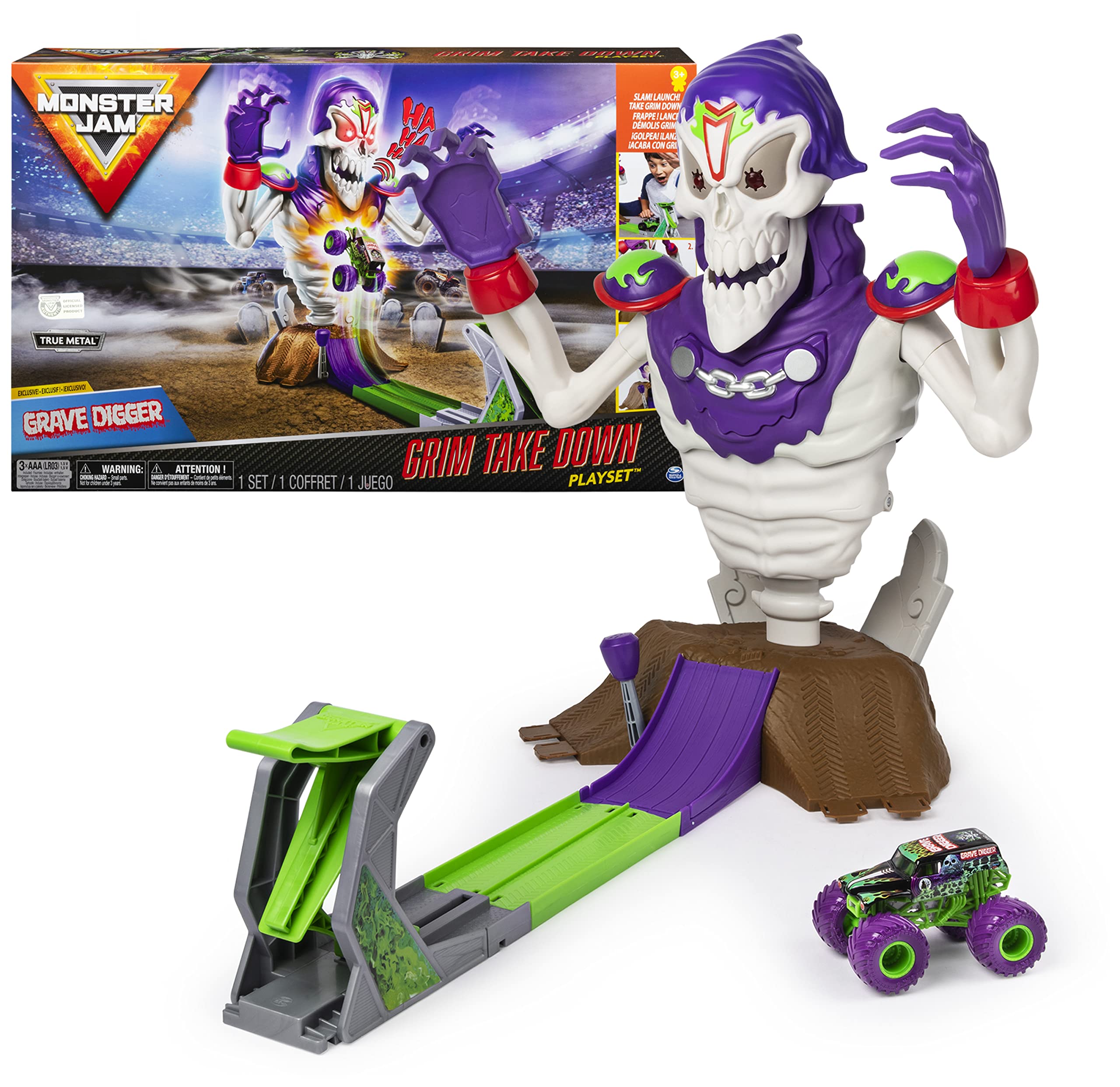 Monster Jam, Grim Takedown Playset with Lights and Sounds, Featuring Exclusive 1:64 Scale Die-Cast Grave Digger Monster Truck