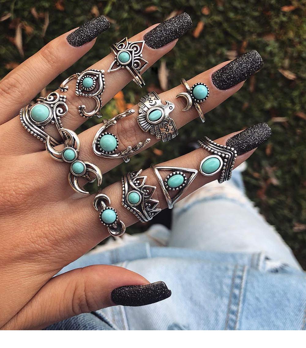 Western Turquoise Rings Set for Women Vintage Joint Knuckle Rings Bohemian Opal Stackable Rings Midi Stacking Rings for Holiday Gifts