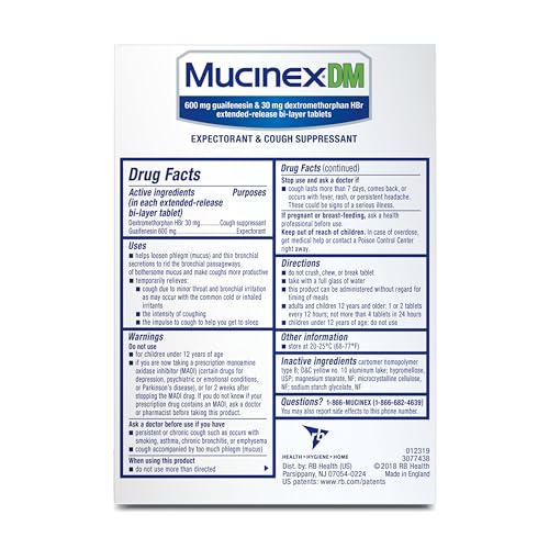 Mucinex DM 12Hr Chest Congestion & Cough Medicine For Adults, Cold And Cough Medicine for Excess Mucus Relief, 600 mg Guaifenesin & 30 mg Dextromethorphan HBr, 40 Bi-Layer Tablets