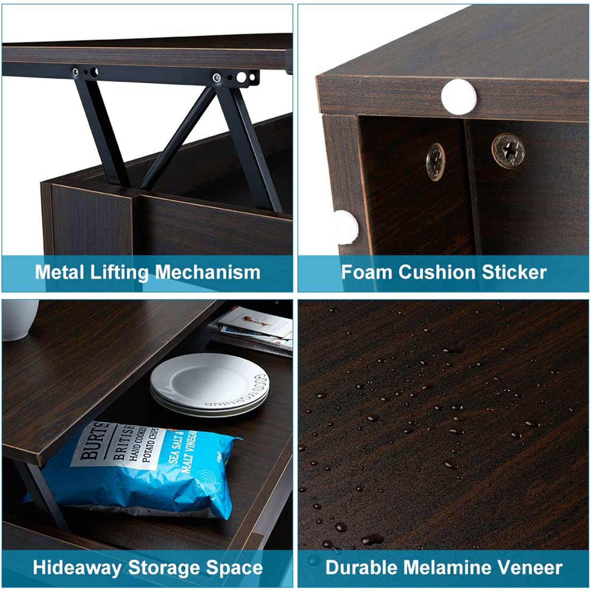 MELLCOM Lift Top Coffee Table,Rustic Coffee Table Lift Tabletop with Hidden Compartment,Pop-Up Storage Cocktail Table with Adjustable Steel Frame, Dining Table for Living Room, Wood/Dark Brown