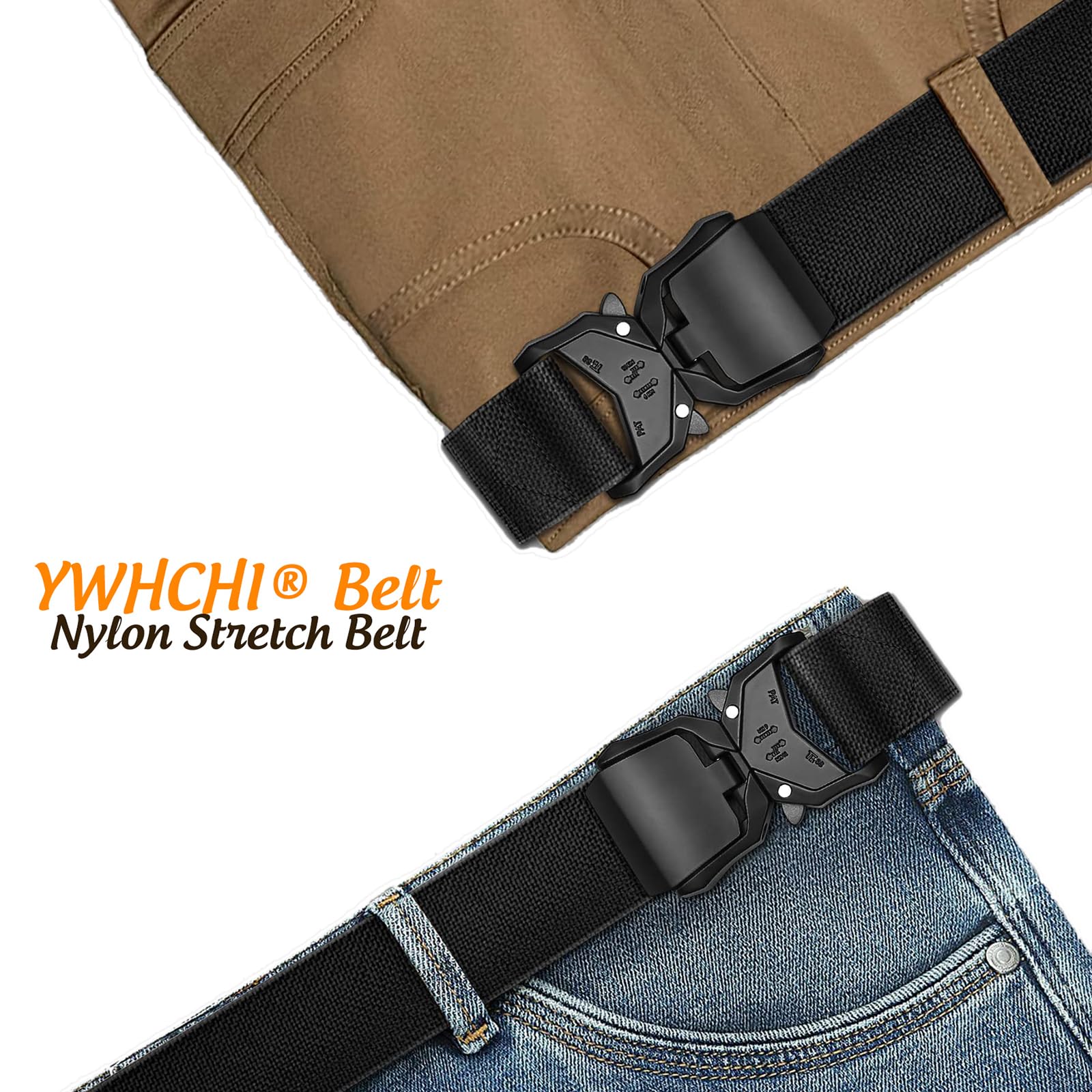 YWHCHI Belt Men's Stretch Nylon Belt - Ideal for Hiking, Work Adjustable Web tactical Belt (Black, L(for fits Pant Size 36''-38''))