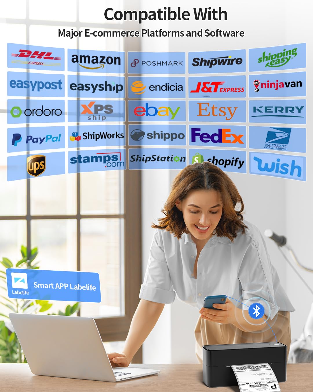 Phomemo Bluetooth Thermal Shipping Label Printer, Wireless 4x6 Shipping Label Printer for Shipping Packages, Support Android, iPhone and Windows, Widely Used for Amazon, Ebay, Shopify, USPS, FedEx