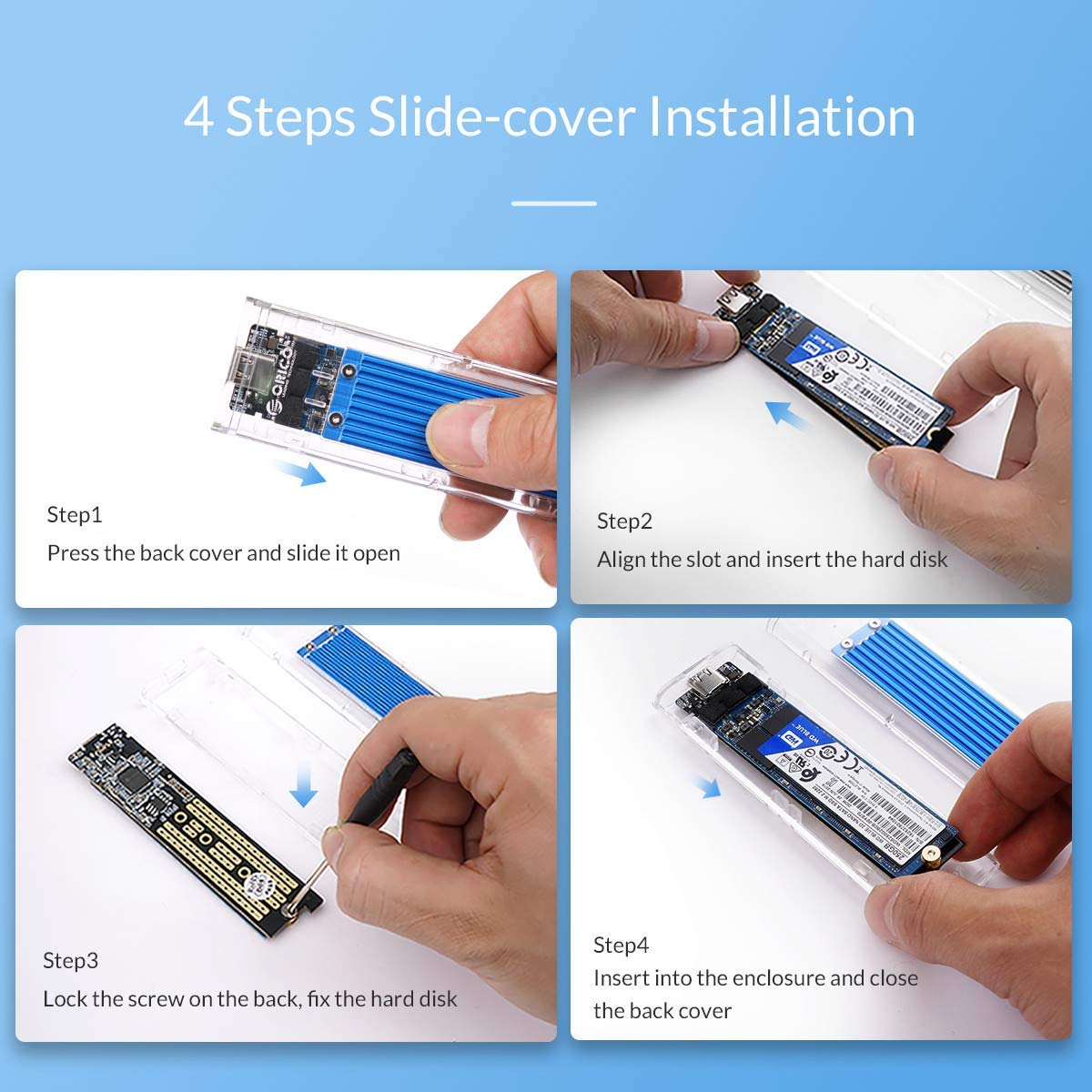 ORICO USB 3.1 Gen2 10Gbps USB-C NVME M.2 SSD Case (M Key) Transparent External Case Support 2230/2242/2260/2280 SSD Compatible M.2 SSD Conversion Adapter Enclosure Case TCM2-C3- Blue