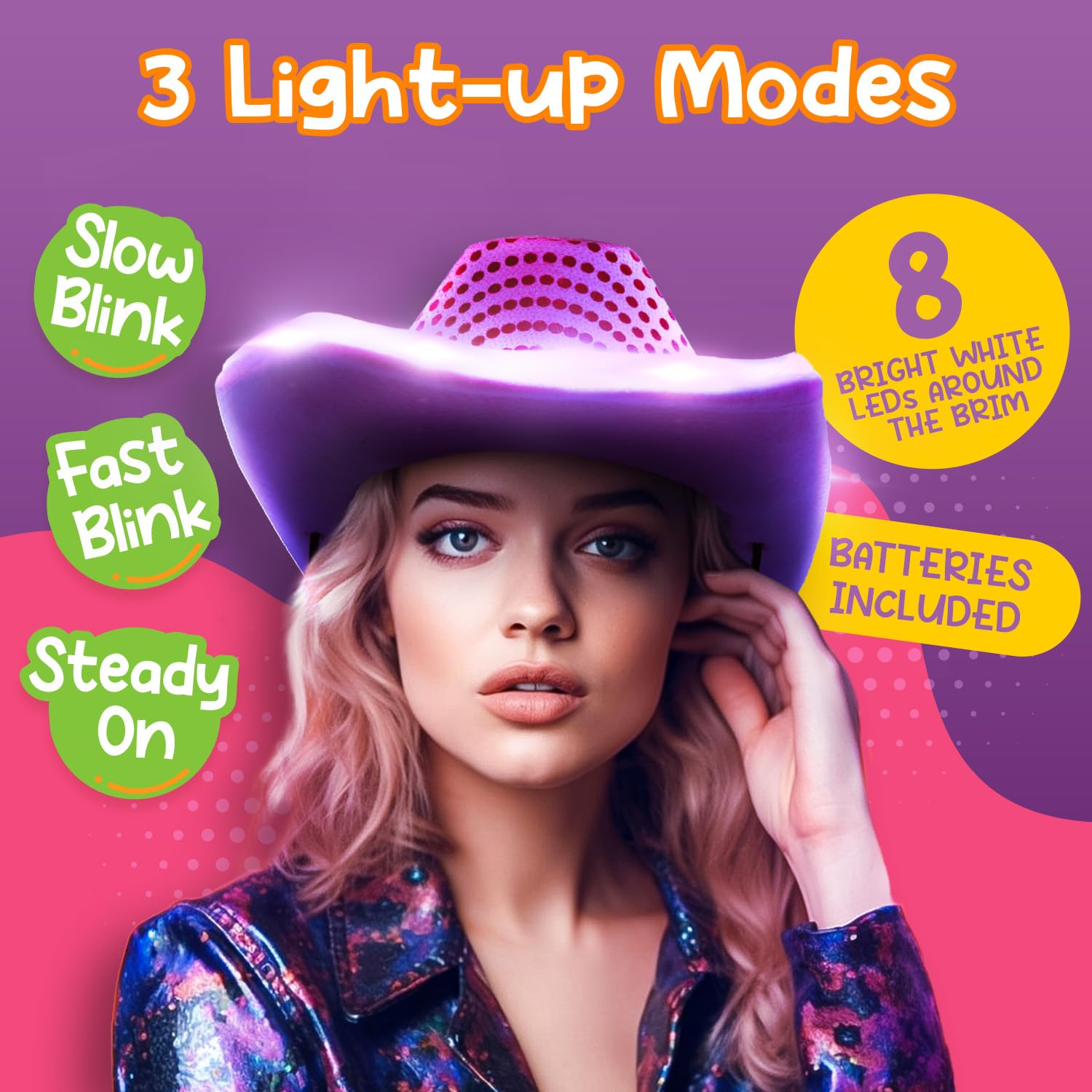 Windy City Novelties LED Light Up Sequin Cowboy Hat - Unisex (Purple)