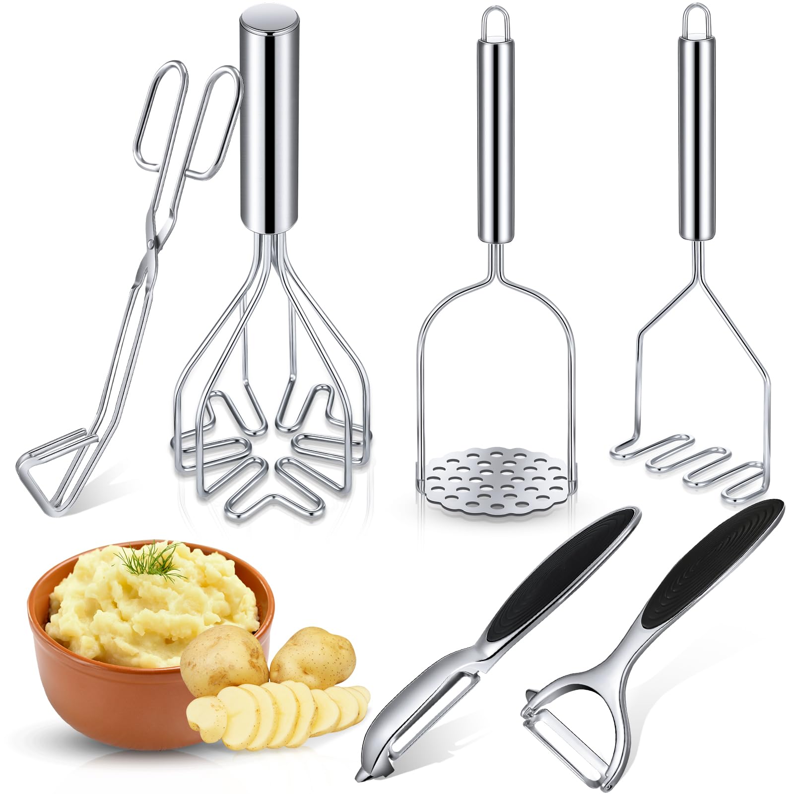 Mumufy 6 Pack Potato Masher Peeler Set Includes Wire Masher Swivel Peeler Vegetable Peelers Heavy Duty Masher Kitchen Tools for Potato Press Cooking Berries Fruits Avocado (Silver)