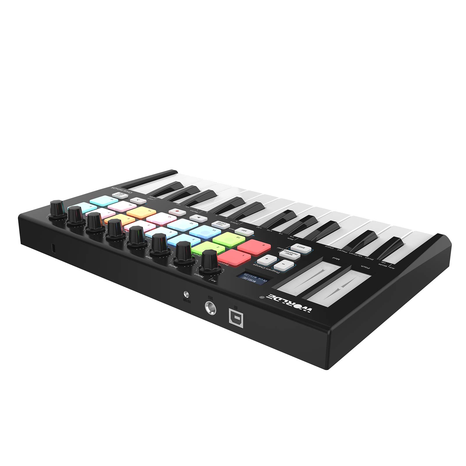 Taruor USB MIDI Keyboard Controller, Portable 25-Key USB MIDI Keyboard Controller with 16 RGB Backlit Trigger Pads 8 Assignable Control Knobs