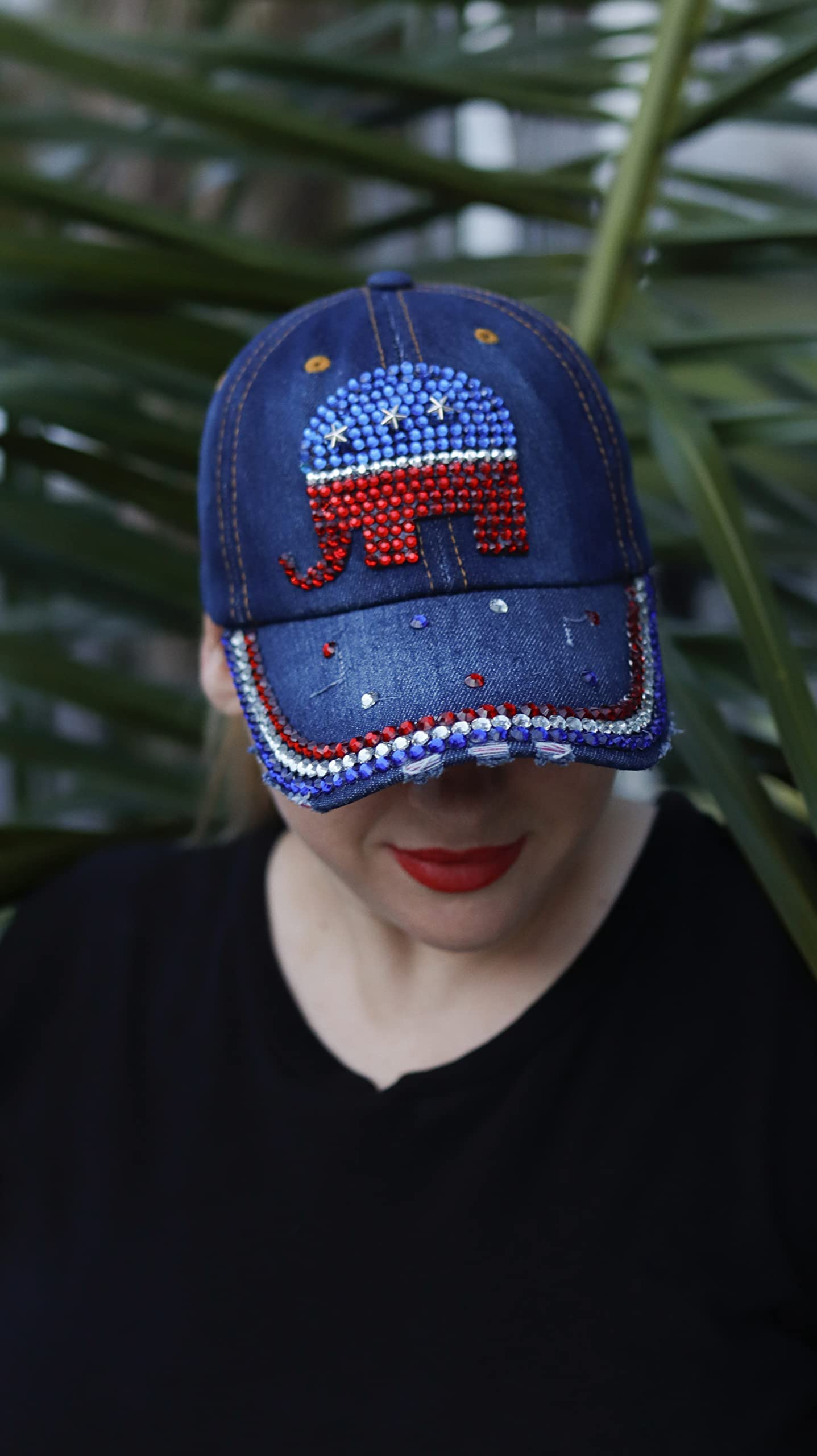 Popfizzy Bling Republican Hat for Women, Rhinestone Republican Elephant Baseball Caps, RWB USA Distressed Denim Hat, Republican Gifts for Women