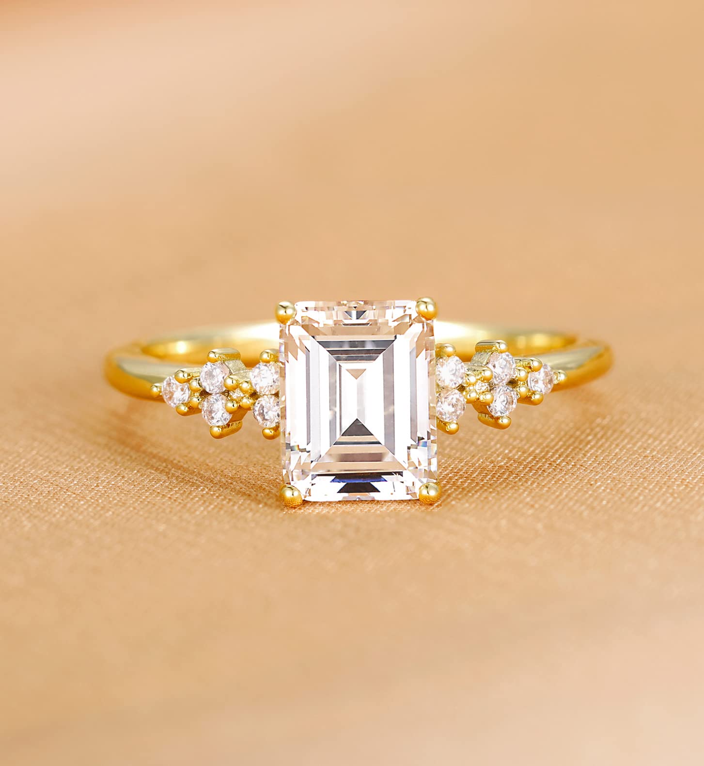 TIGRADE 3CT Engagement Ring for Women Emerald Cut Cubic Zirconia Promise Ring 14K Gold Plated CZ Eternity Wedding Band Size 3-11, Gold, Size 6.5