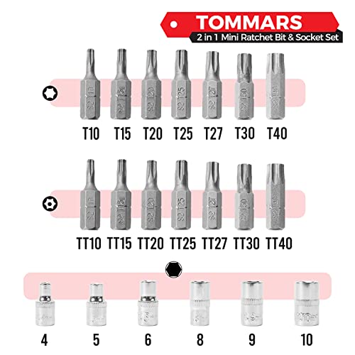 TOMMARS 58-Pc 1/4" Mini Ratchet Wrench Socket & Screwdriver Bits Set, Low Profile, 45 Teeth Gear, S2 and CR-V, 58PCS