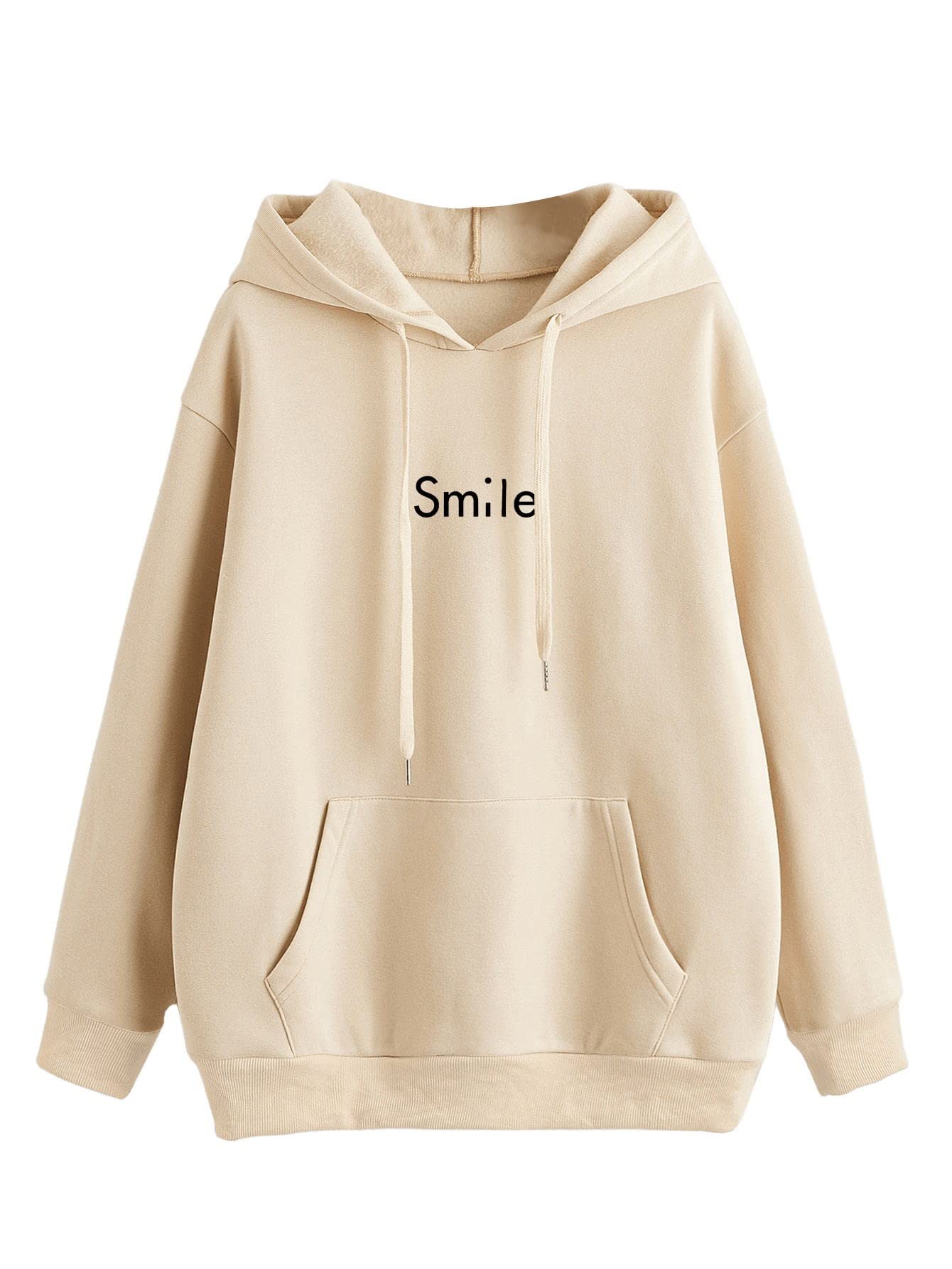 SweatyRocks Women's Hoodie Sweatshirt Cute Smile Letter Print Long Sleeve Pullover Tops Khaki S