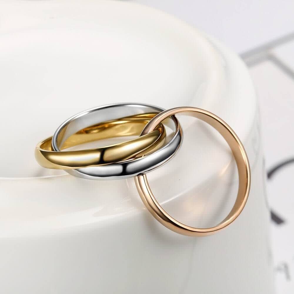 Naivo Tri-Color Gold Plated Interlocked Rolling Bands Ring Women's (ring size 9#)