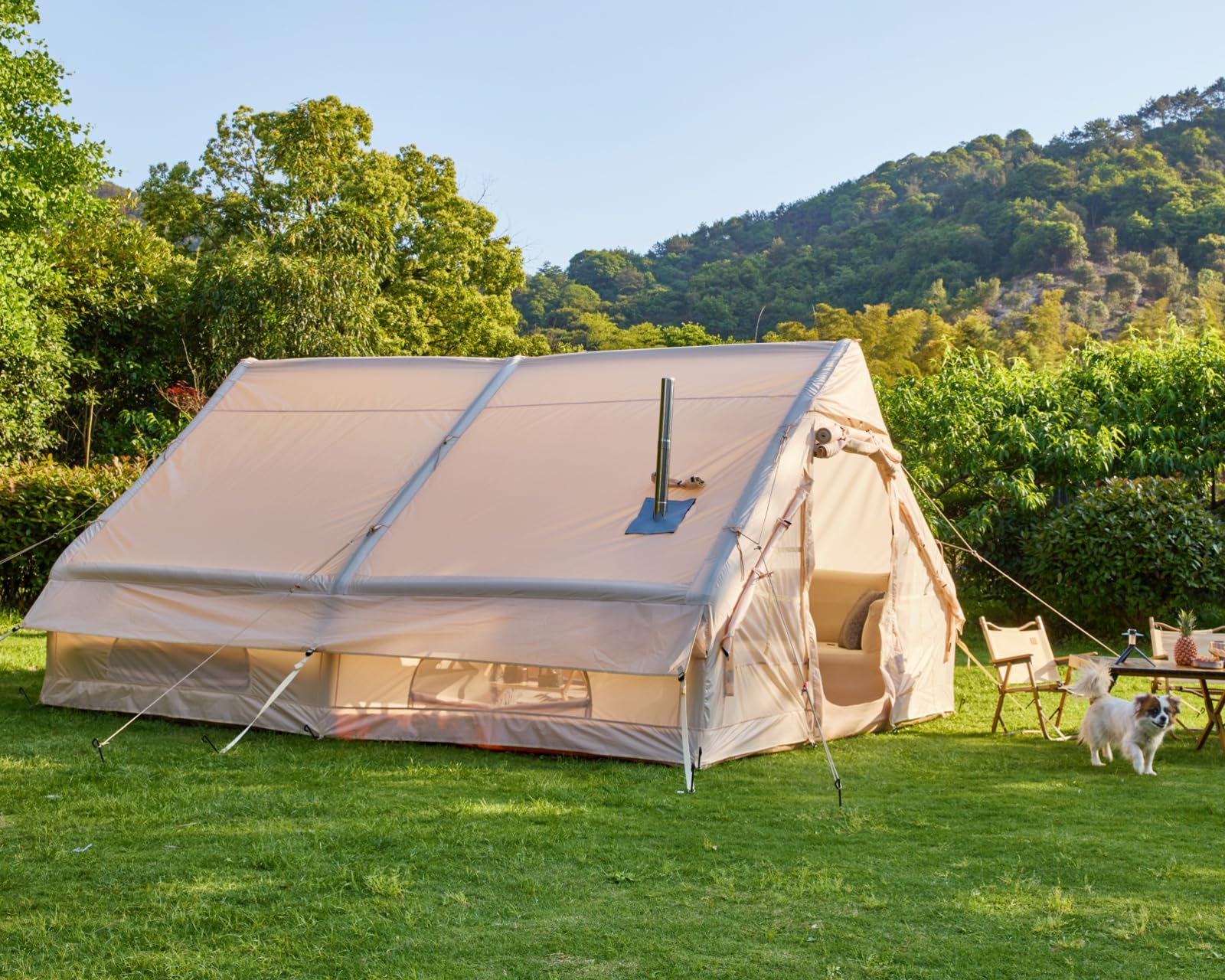 YOLENY Extra Large Inflatable Camping Tent, Glamping Tents Easy Setup 4 Season Windproof Outdoor Cotton Tent with Stove Jack & Mesh Windows & Pump