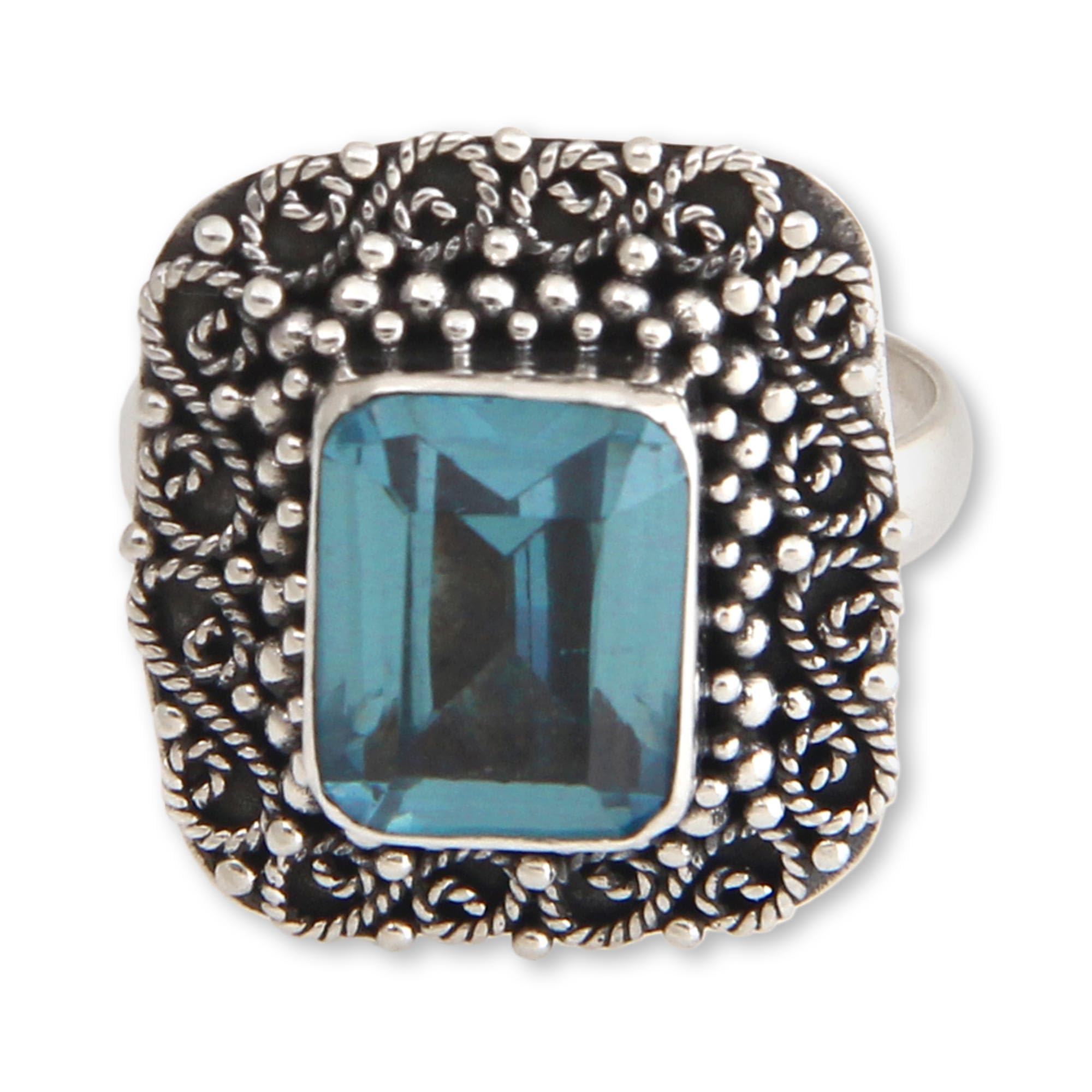 NOVICA Artisan Handmade Blue Topaz Cocktail Ring Sterling Silver Single Stone Indonesia Placid Serenity Birthstone [crownbezel 0.7 in L x 0.7 in W x 0.2 in H Band Width 3 mm W] ' Java Skies'