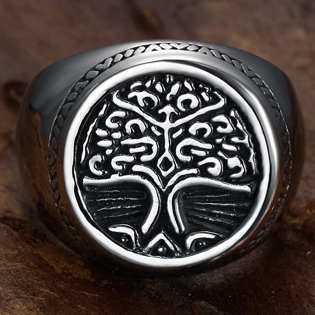 Stainless Steel Vintage Retro Antique Round Signet Tree of Life Pattern Wedding Statement Biker Ring (Silver, 14)