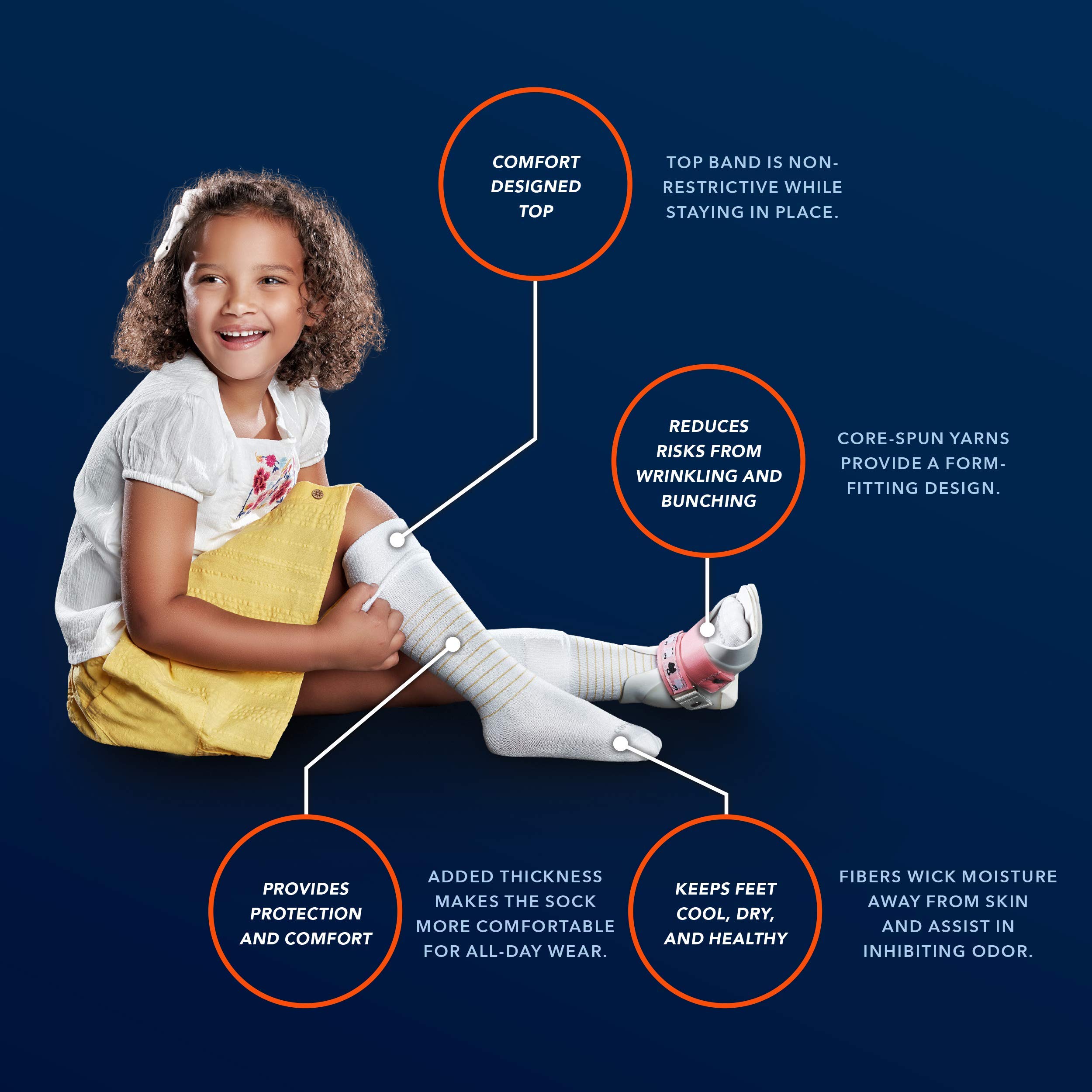 SMARTKNIT & CoreSpun Kids AFO Interface Socks - 4 Pack (2-White, Grey, Cheery(Black/Royal Blue), Child X-Long)