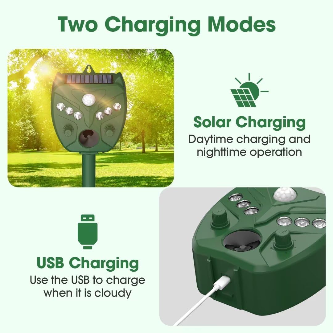 Okutani Solar Animal Repeller Outdoor 5 Modes Ultrasonic Animal Repeller with Motion Sensor and Flashing Light