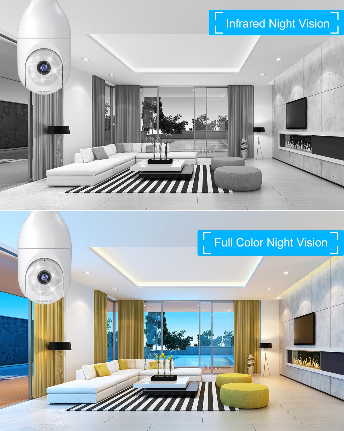 OFYOO Light Bulb Security Camera with Night Vision, 2K HD Home Security Cameras, Motion Detection, 360° Remote Viewing, and Real-Time Alerts for Home Safety, Waterproof, Indoor and Outdoor Cam