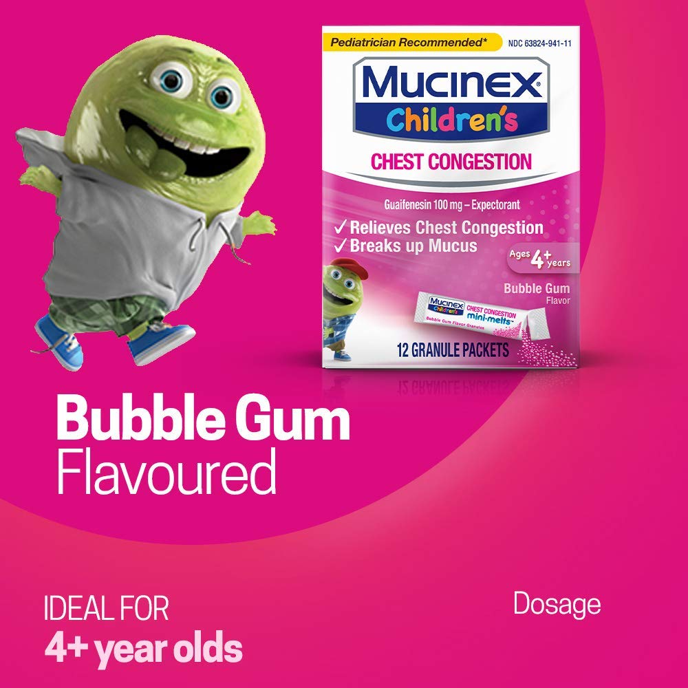 Mucinex Children?s Chest Congestion, Symptom Relief, Expectorant, Bubble Gum Flavor Mini-Melts, 12 Packets (Pack of 4)