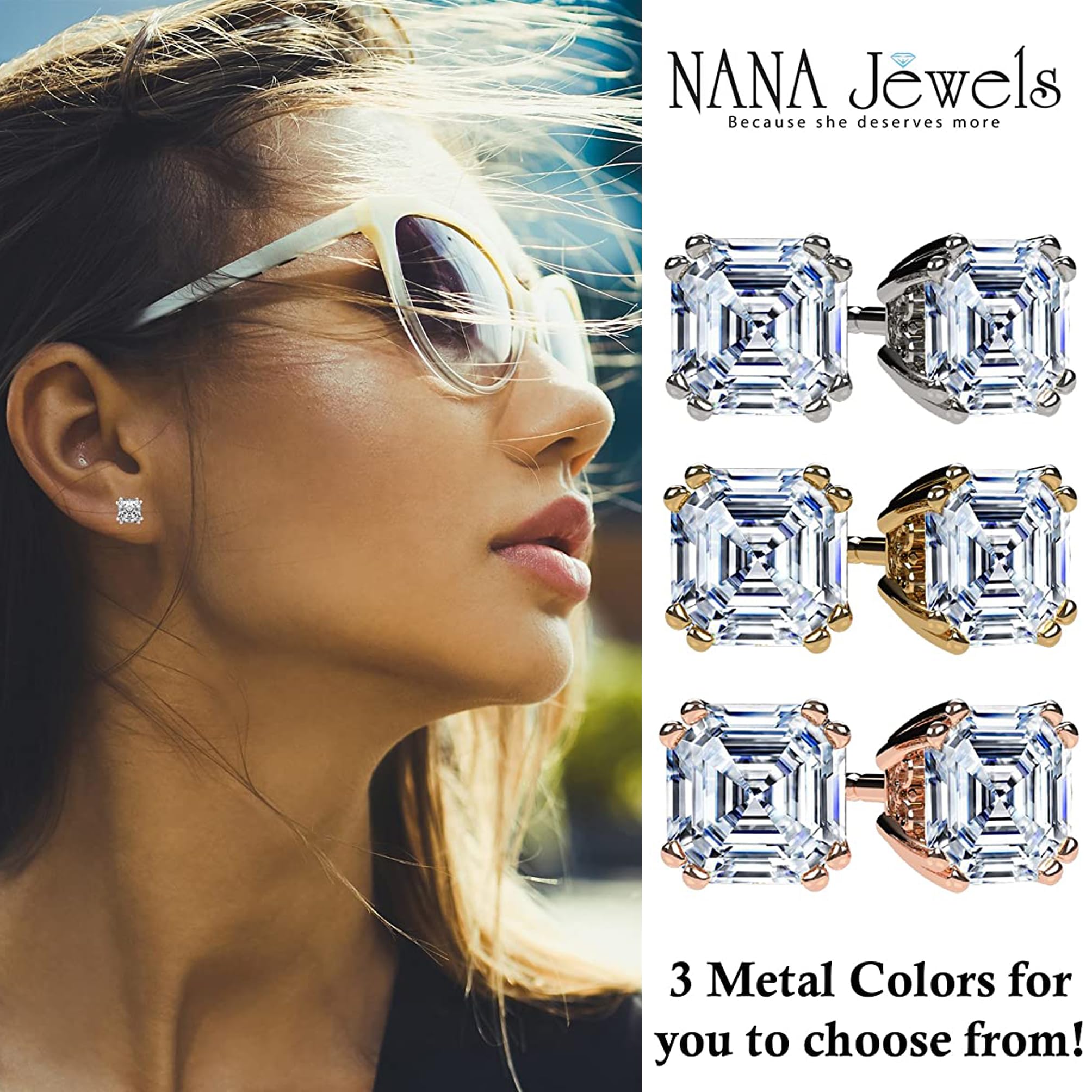NANA Jewels Womens 14k Gold Post – Platinum Sterling Silver Hypoallergenic Stud Earring, 2.50ctw