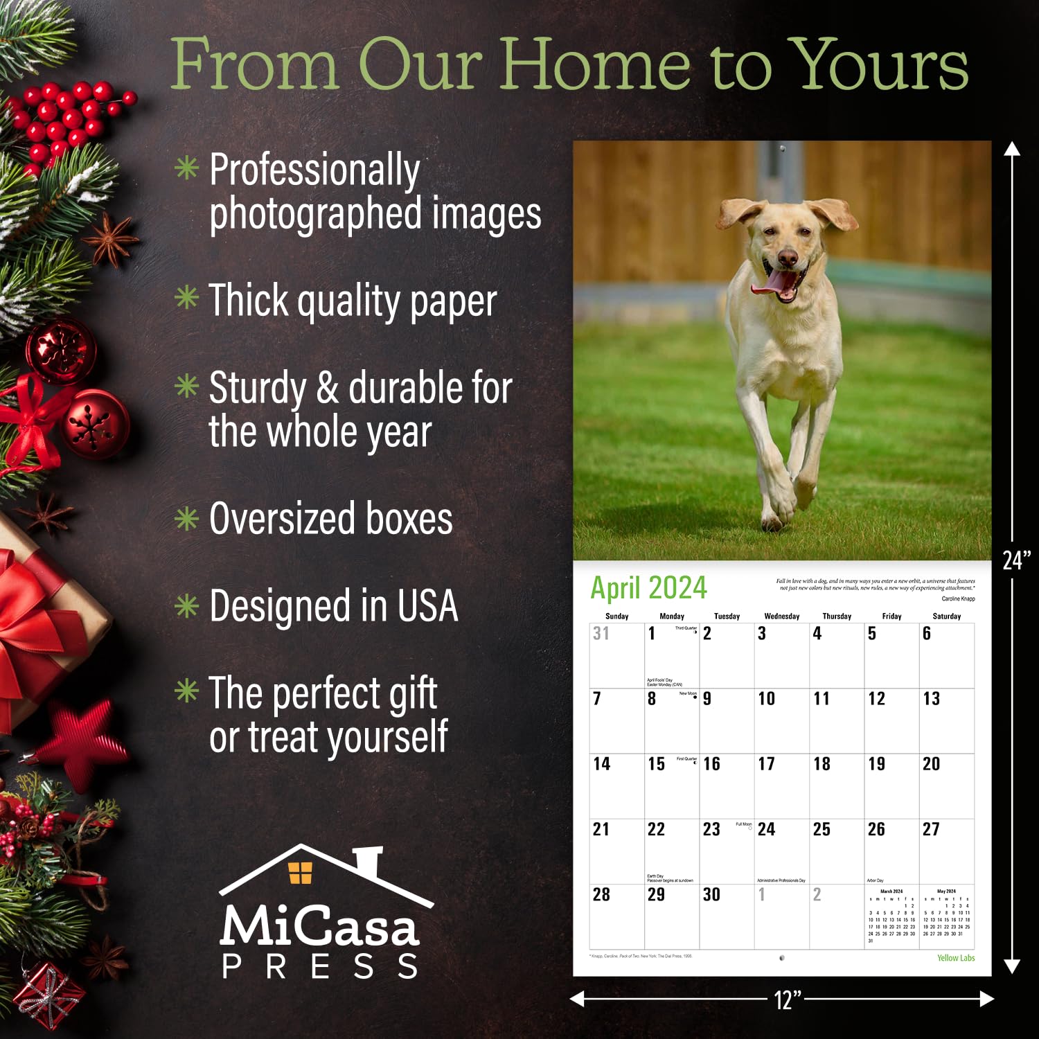 MICASA Yellow Labs 2024 Hangable Monthly Wall Calendar | 12" x 24" Open | Thick & Sturdy Paper | Giftable | Cute Dog | Golden Canine Perfection