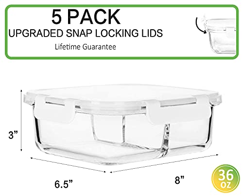 M MCIRCO [5-Pack,36 oz] Glass Meal Prep Containers 3 Compartment with Lids, Glass Lunch Containers,Food Prep Lunch Box,Bento Box, Microwave, Oven, Freezer, Dishwasher (4.5 Cups, White)