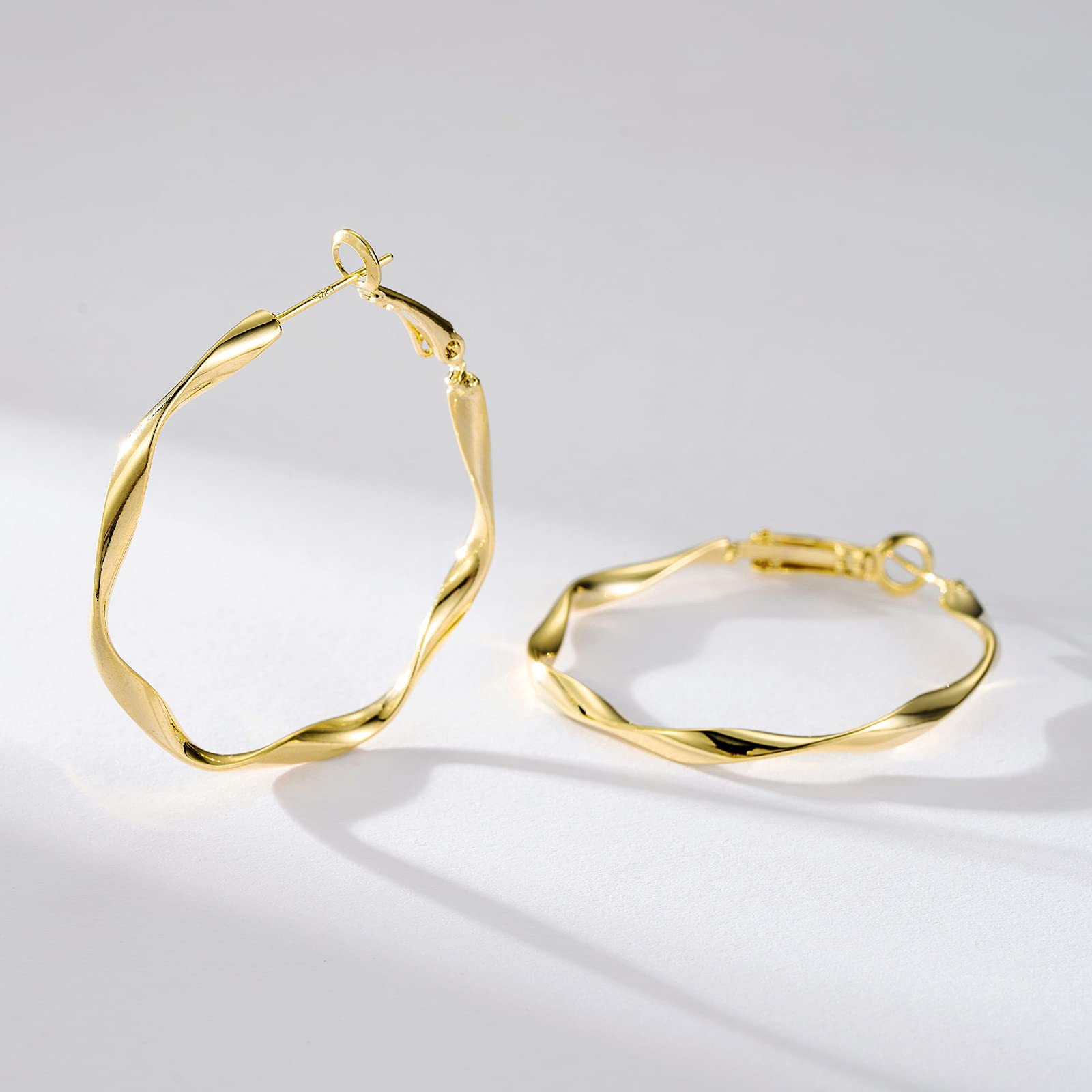 SWEETV 14K Gold Plated Hoop Earrings for Women 40mm Twisted Big Hoops 925 Sterling Silver Post Earrings Sensitive Ears
