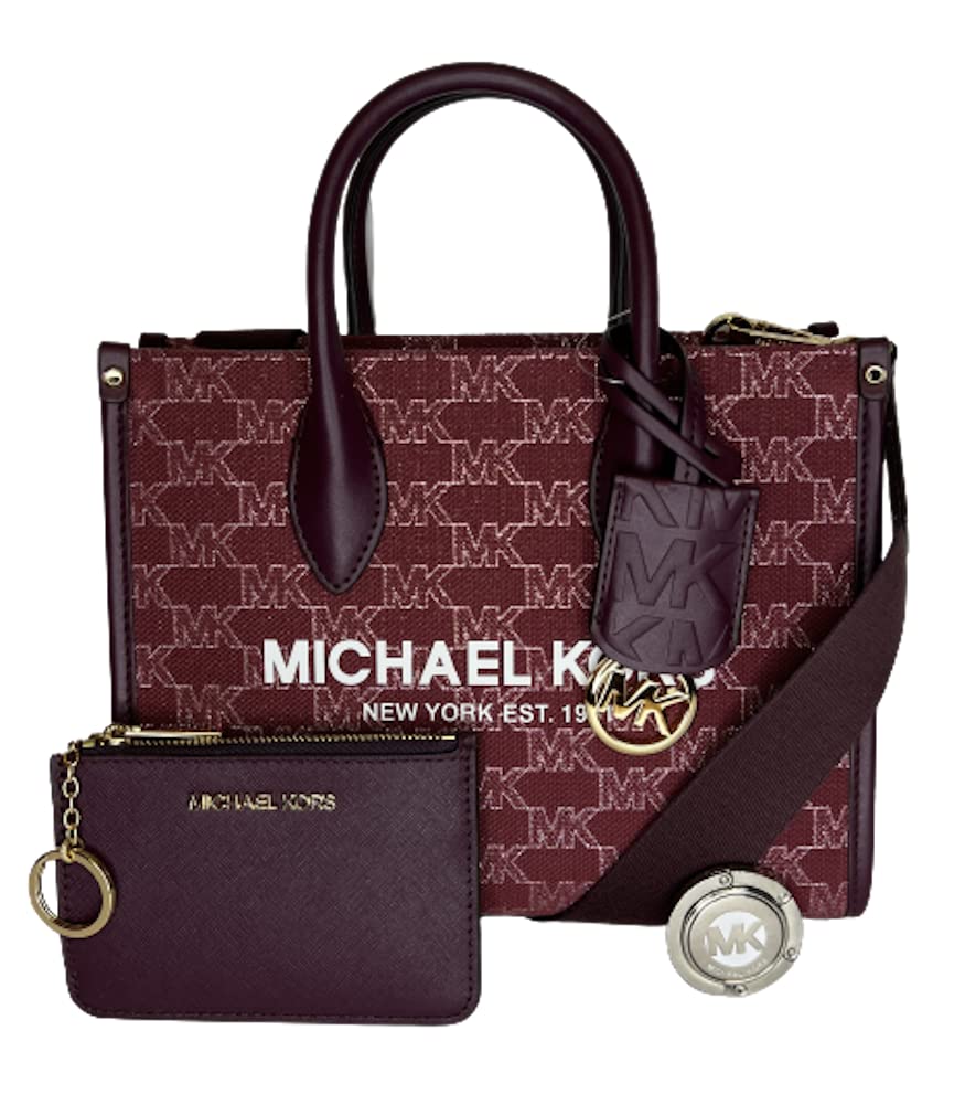 Michael Kors Mirella Small Shopper Top Zip Bag Bundled SM TZ Coinpouch Purse Hook (Mulberry Logo/Bordeaux)