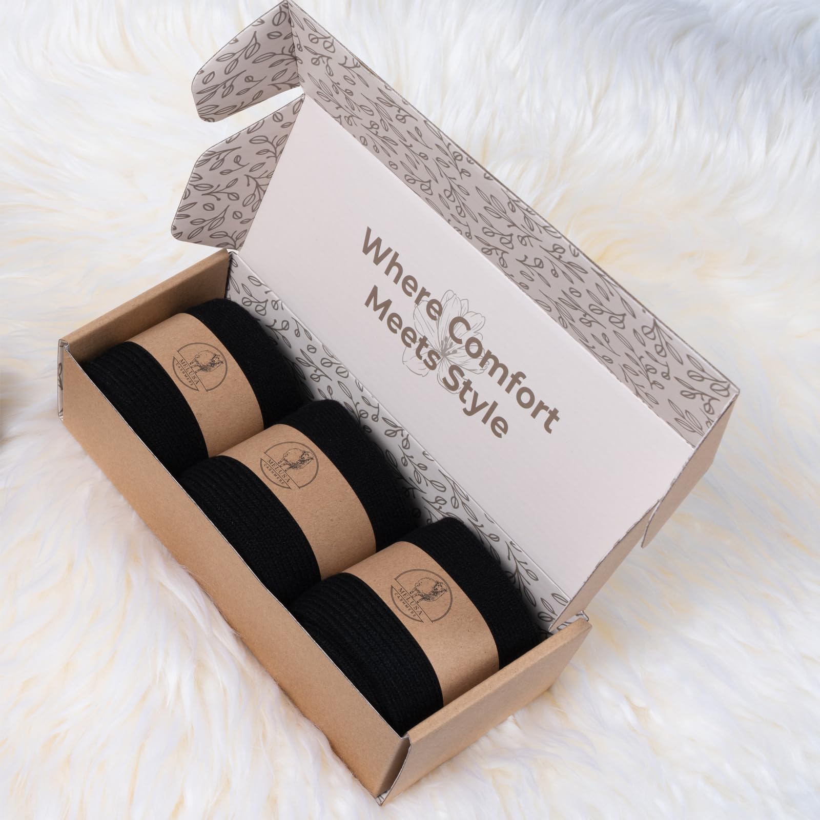 MELUSA 3 Pairs Cashmere Wool Socks for Women, Super Soft Warm Cozy Winter Gift Crew Socks (as1, numeric, numeric_5, numeric_9, regular, regular, Black)