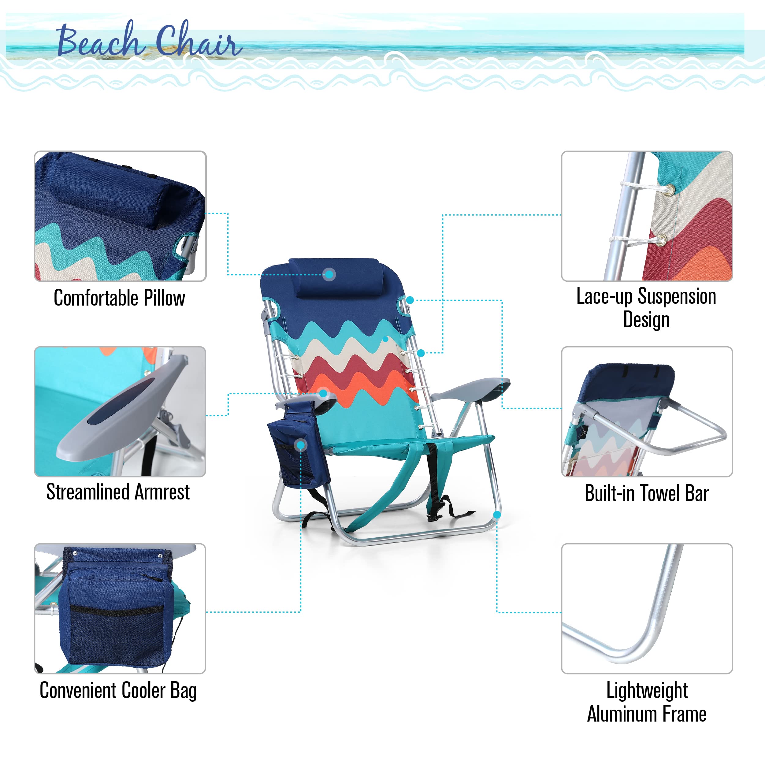 Sophia & William 4-Position Backpack Folding Beach Chair with Cooler Bag, (2-Pack) Lightweight Beach Cahir with Towel Bar, Supports 250 LBS