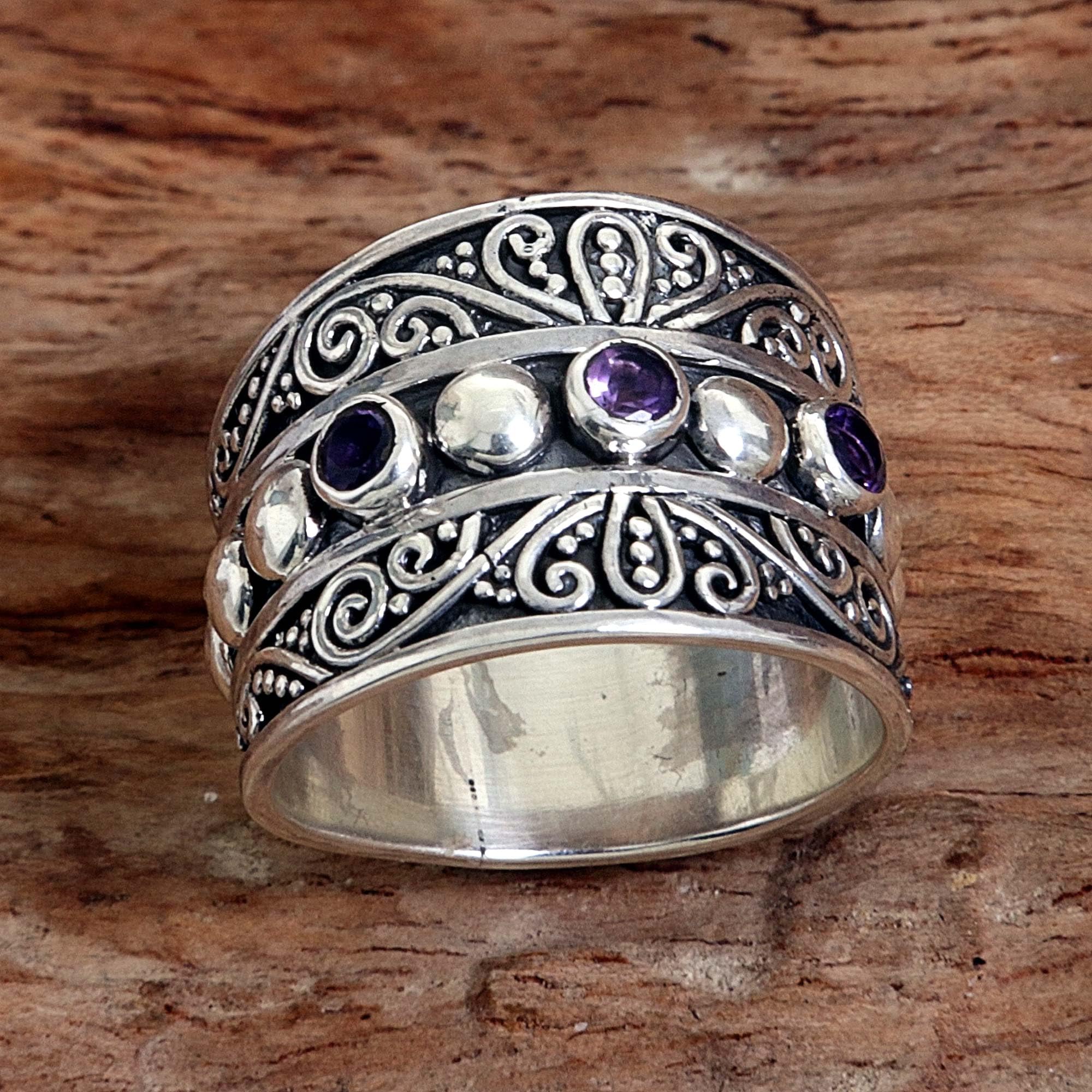 NOVICA Artisan Handmade Amethyst Band Ring .925 Sterling Silver Indonesia Birthstone Gemstone 'Lucky Trio'