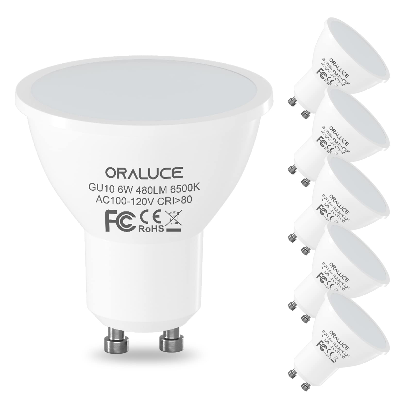 ORALUCE GU10 LED Bulbs, 6 Watt Equivalent to 50W Halogen Light Bulb,Non-dimmable,6500K Cool White, 120 V, 480 Lm,120° Flood Beam Angle, MR16 Shape for Recessed, Track Lighting, Pack of 6