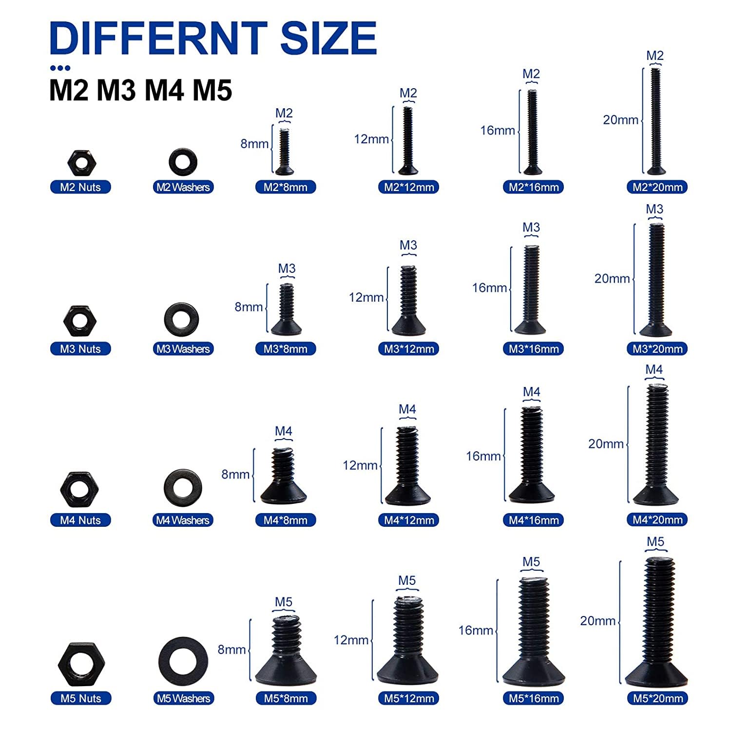 NINDEJIN Hex Socket Flat Head Screw M2 M3 M4 M5 Bolts Nuts and Washer Assortment Kit, 1060PCS Metric Screws with 4PCS Allen Wrenches, Small Black Machine Screws Set, 12.9 Carbon Steel