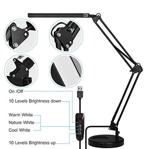 SKYLEO LED Desk Lamp with Clip and Base - Eye Protection Desk Lamps for Home Office - Swing Arm Study Lamp - 3 Light Modes x 10 Brightness Levels - USB Port - 5V/2A Adapter - Black