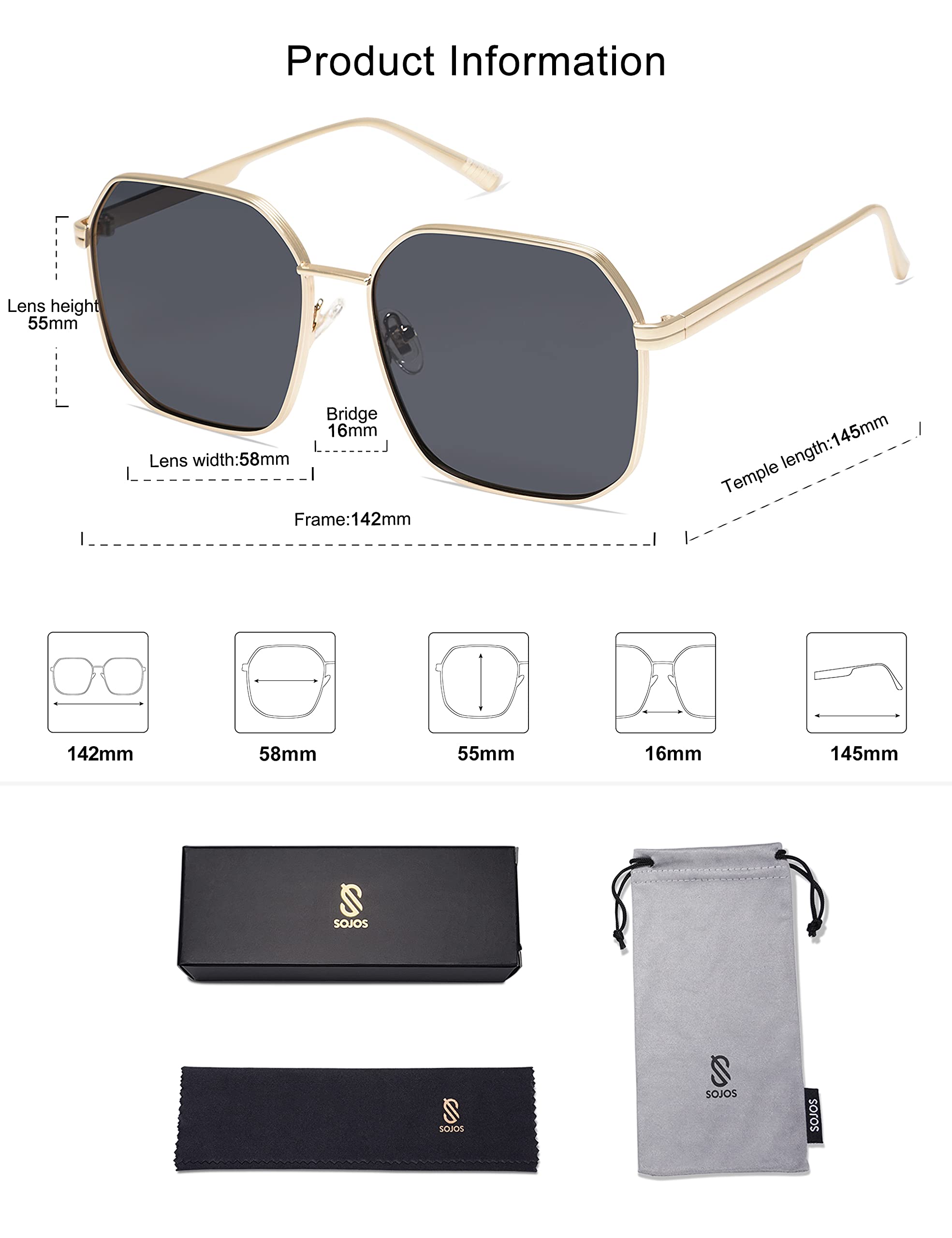 SOJOS Retro Square Polarized Sunglasses for Women Vintage Square Shades UV400 Large Metal Frame SJ1166 with Gold/Grey Lens