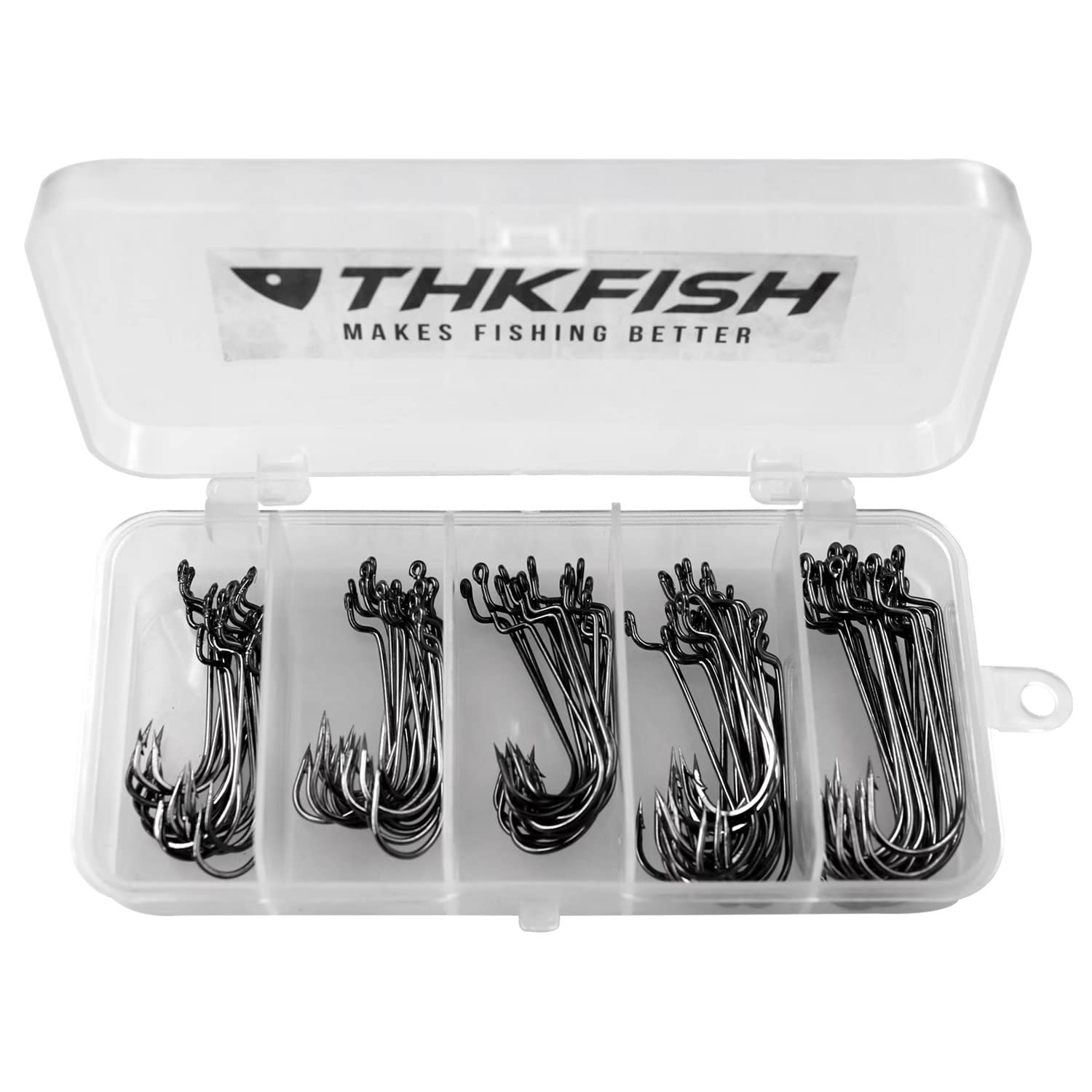 THKFISH 50pcs/Box Fishing Offset Worm Hooks EWG-Offset Fishing Hooks Round Bend Offset Worm Hooks Wide Gap Hooks with Barbed Shank #2#1 1/0 2/0 3/0-Offset Wide Gap Hooks
