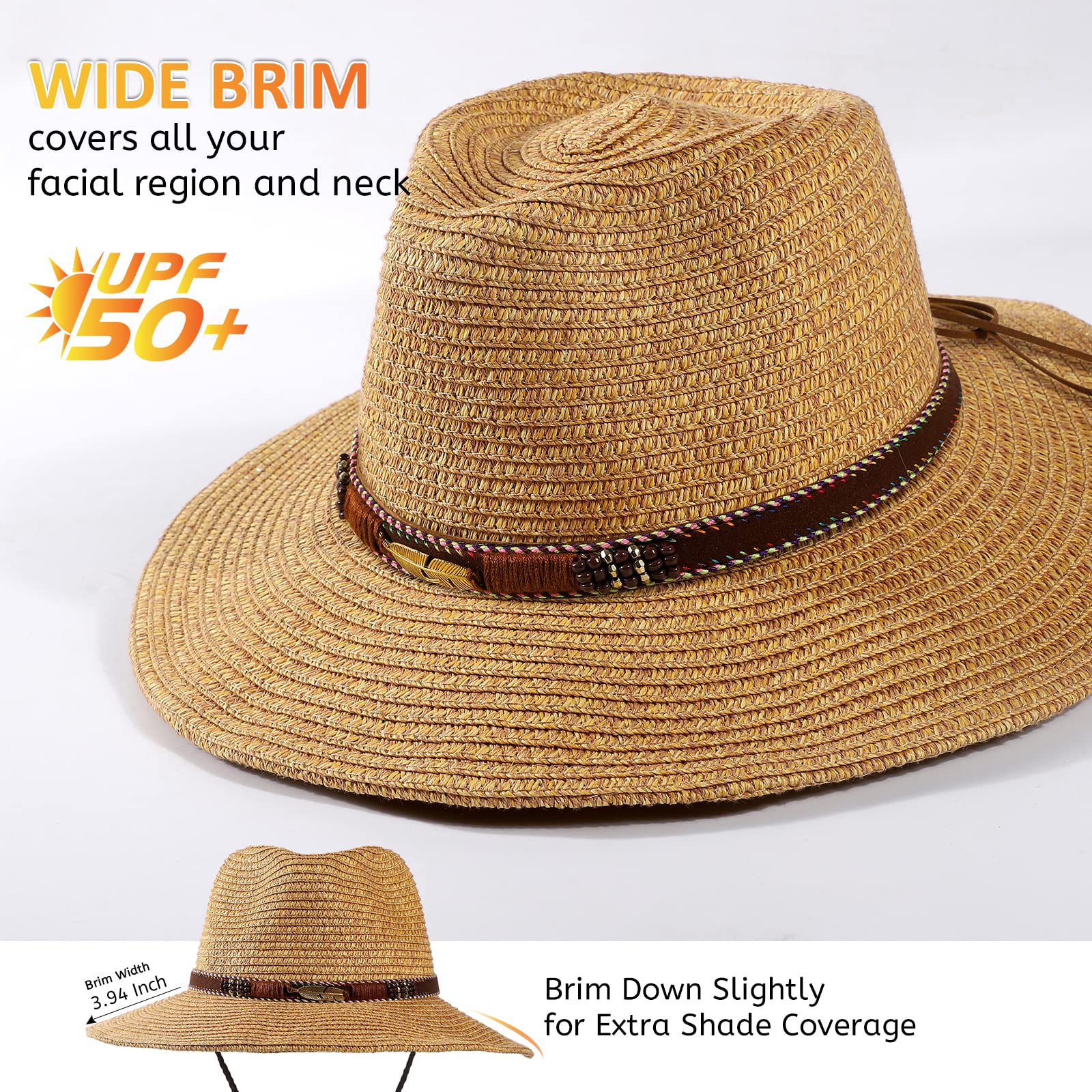 Women Straw Sun Hat Mens Cowboy Western Hat Garden UPF 50+ Shapeable Wide Brim Summer Hat Khaki