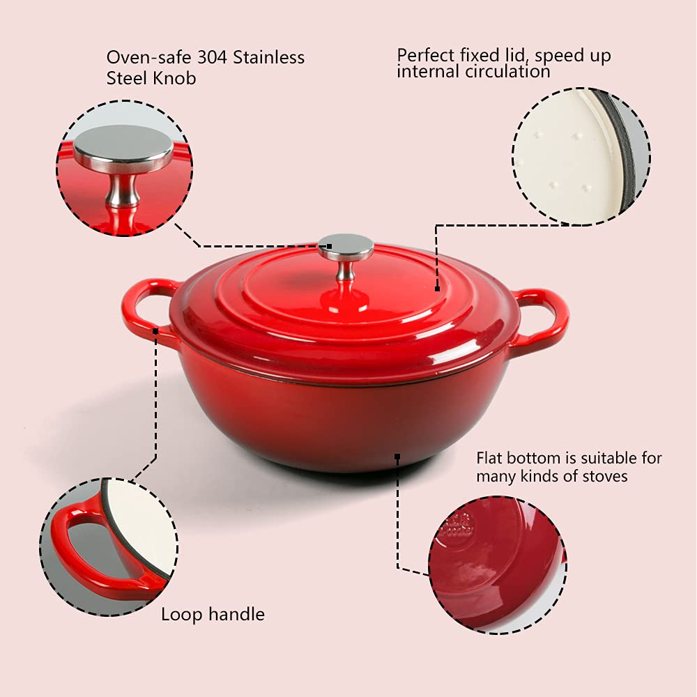 M-COOKER 4.5 Quart Enameled Dutch Oven Pot with Lid, Covered Dutch Oven with Creamy Porcelain Coating for Baking, Frying,Stewing, Roasting, Oven Safe up to 500℉ (Cherry)