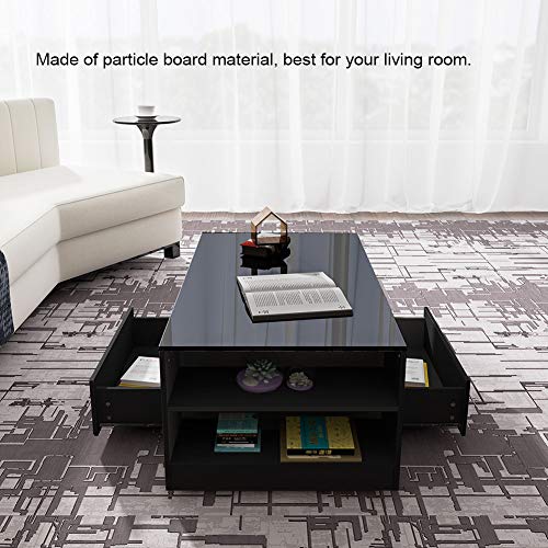 Modern Coffee Table, High Gloss Cocktail Coffee Table Contemporary Glossy End Table Rectangle Design with Drawers and Storage Shelf for Home Living Room Office Furniture, Black